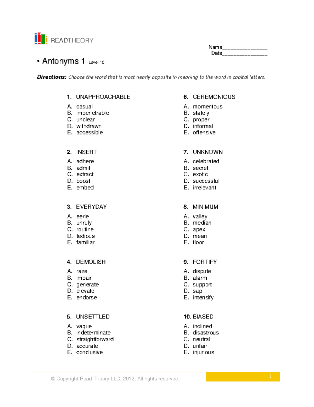 Level 10 Antonyms 1 - Practice Material - © Copyright Read Theory LLC ...