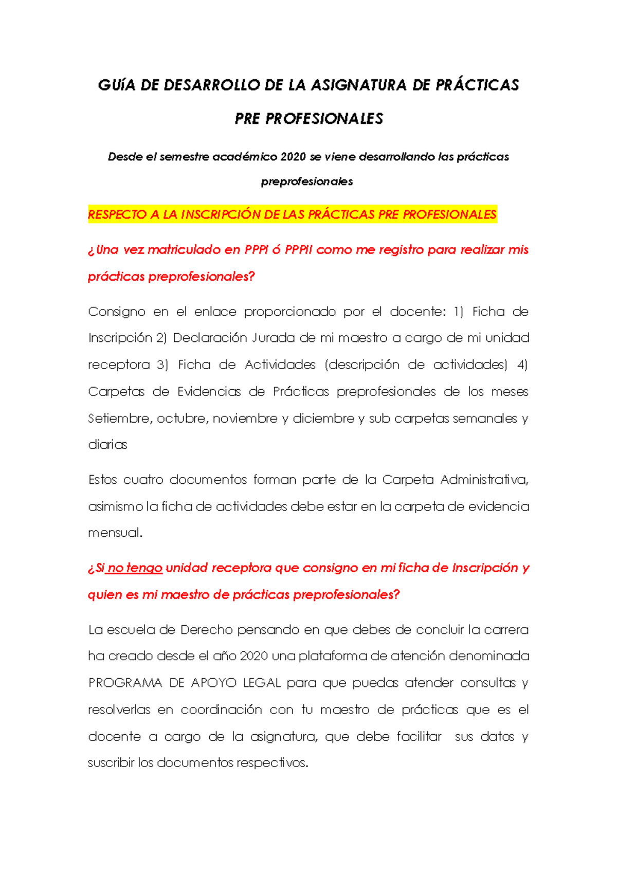 Guia PPP - Guía para prácticas pre profesionales I - Derecho Civil - GUíA DE DESARROLLO DE LA ...