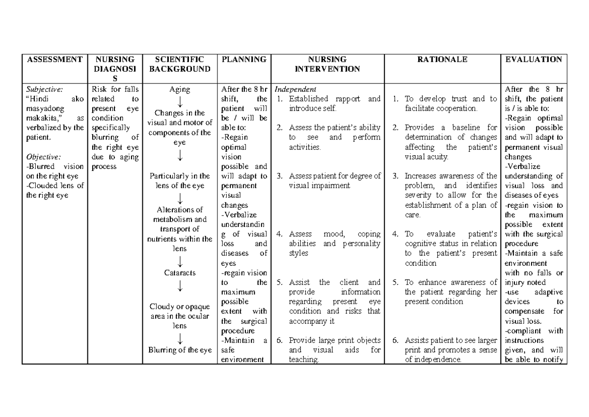 Nursing CARE PLAN RISK FOR Falls Related TO EYE Condition - ASSESSMENT ...