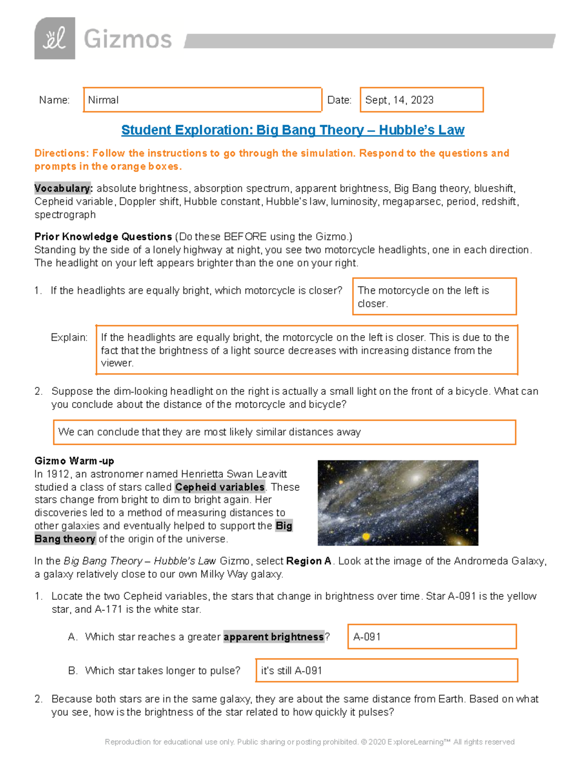 Copy of Big Bang SE - Answer key - Name: Nirmal Date: Sept, 14, 2023 ...