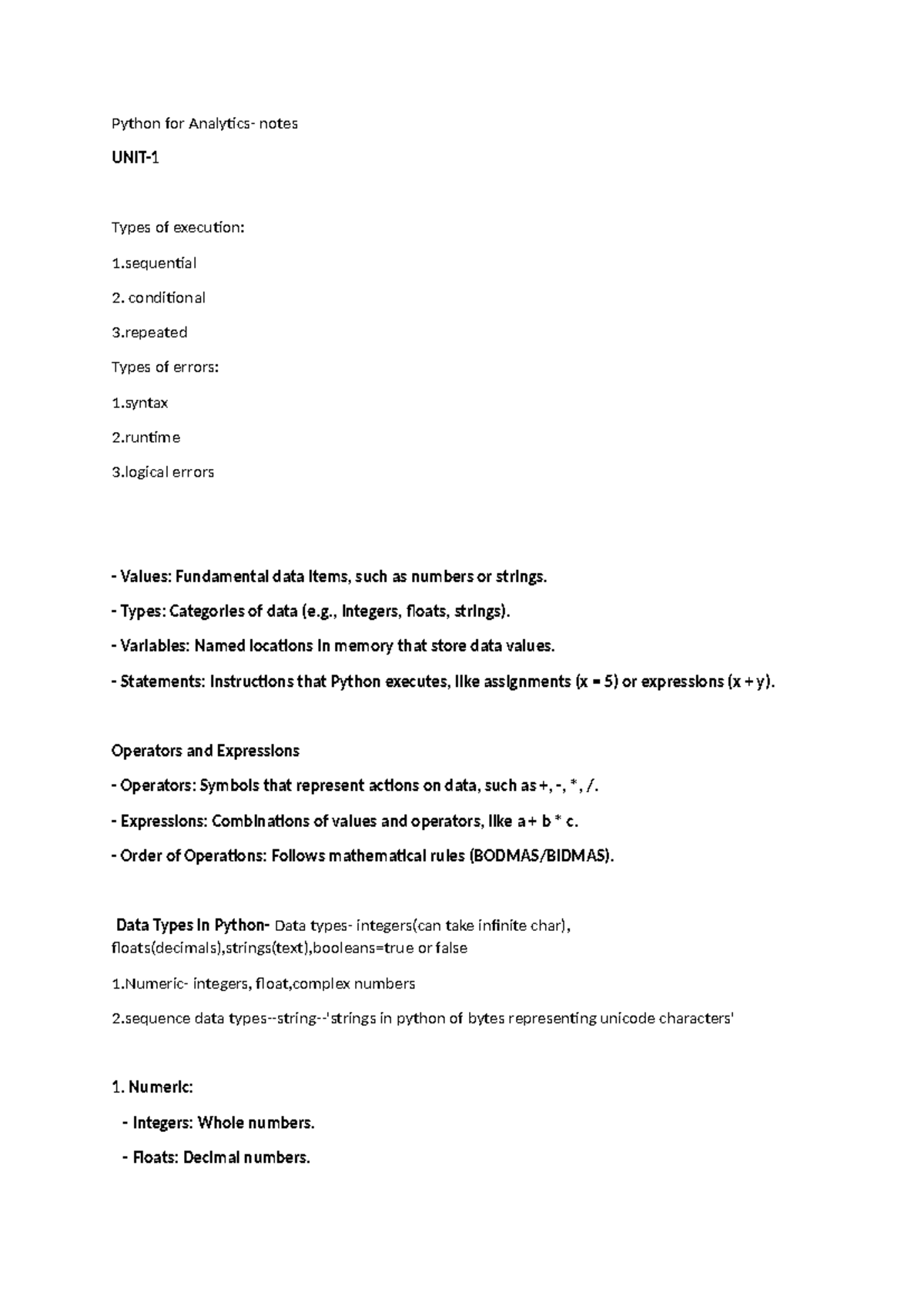 Python for Analytics pp - Python for Analytics- notes UNIT- Types of ...