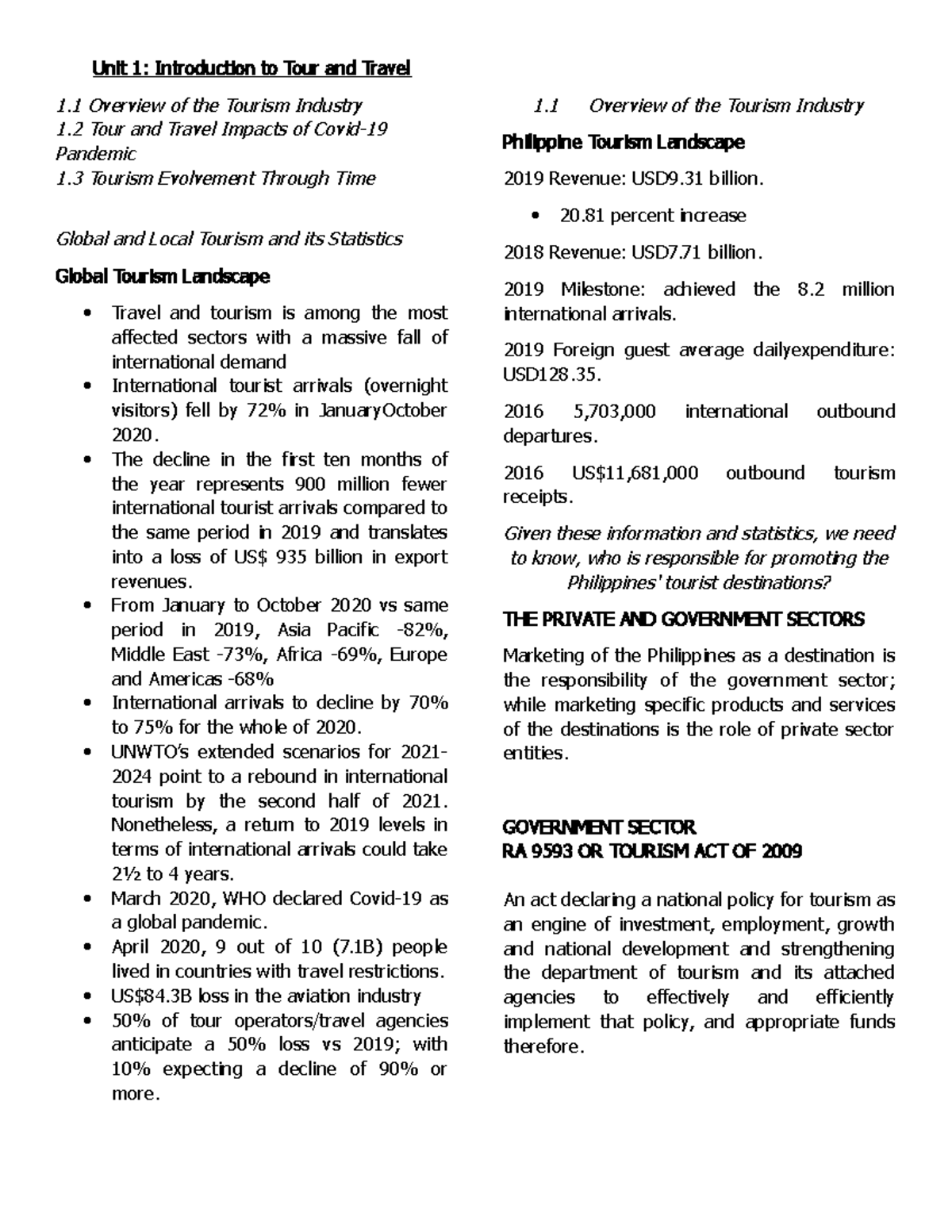 Reviewer Unit 1-3 - Unit 1 : Introduction to Tour and Travel 1 Overview ...