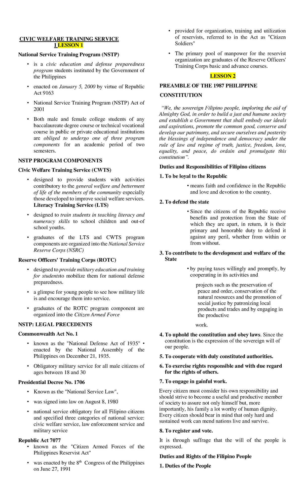 CWTS reviewer 1 - NOTES - CIVIC WELFARE TRAINING SERVICE I LESSON 1 ...