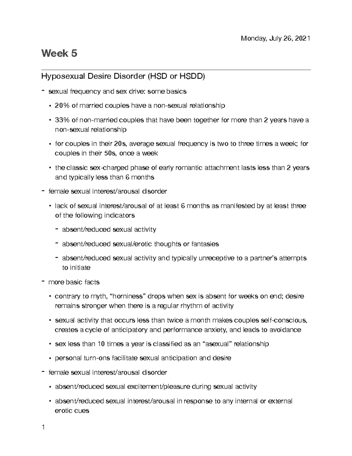 628 week 5 - lecture notes - Week 5 Hyposexual Desire Disorder (HSD or ...
