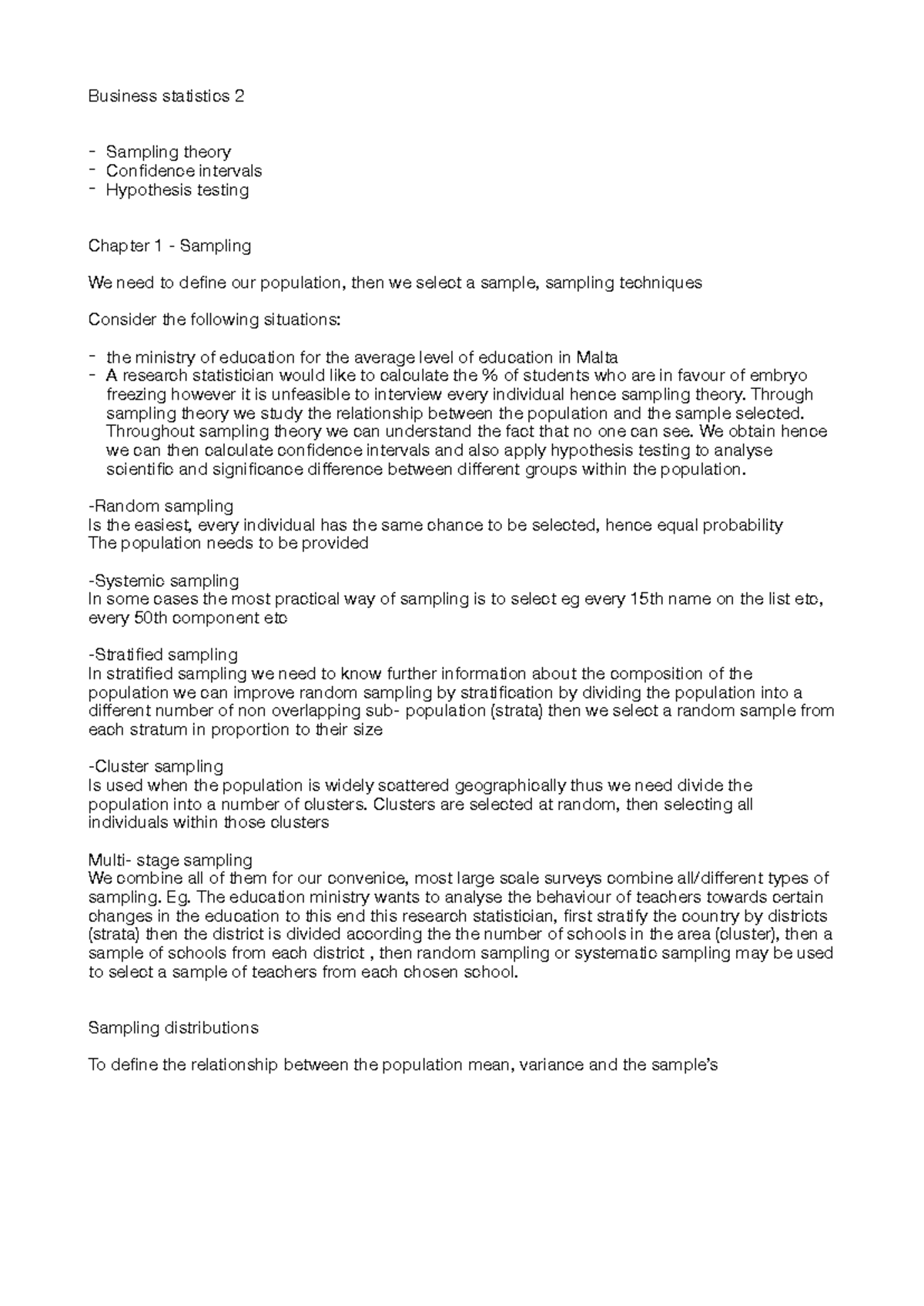 Business Statistics 2 lesson 5 - Business statistics 2 - Sampling ...