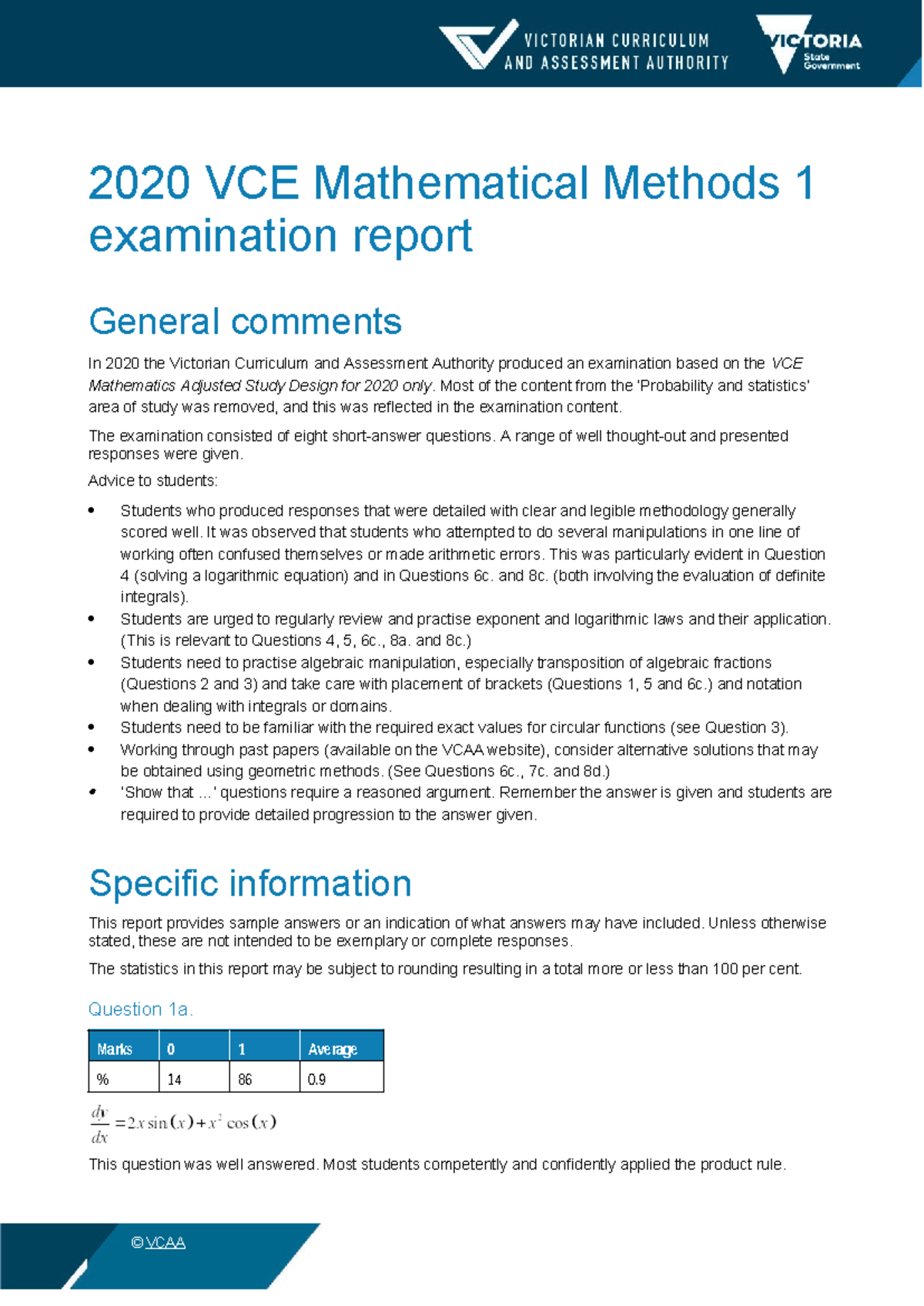 2020 mathsmethods 1 exam report - 2020 VCE Mathematical Methods 1 ...