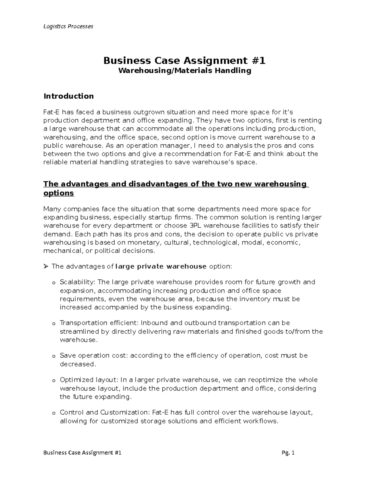 Logistics-Processes-Assignment-1-Case study 1 - Business Case Assignment Warehousing/Materials ...