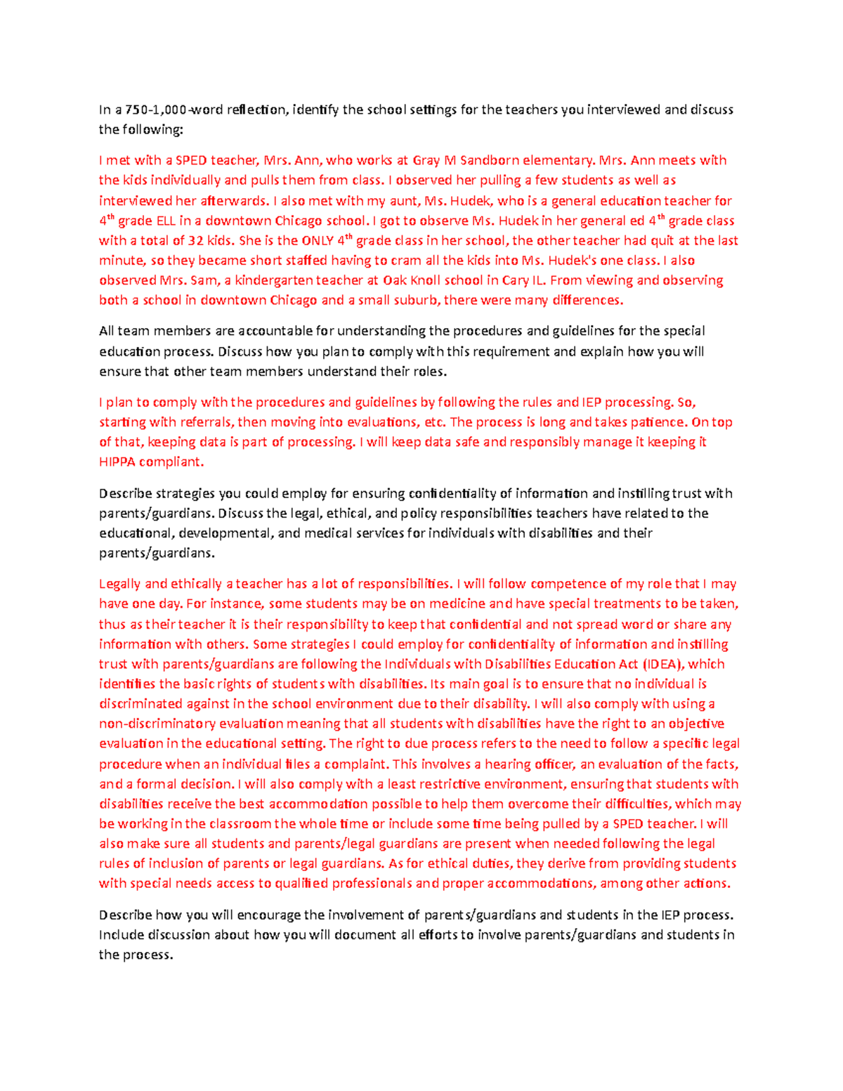 SPD-500 Gen Ed and SPED Teacher Interview Reflection - In a 750-1,000 ...