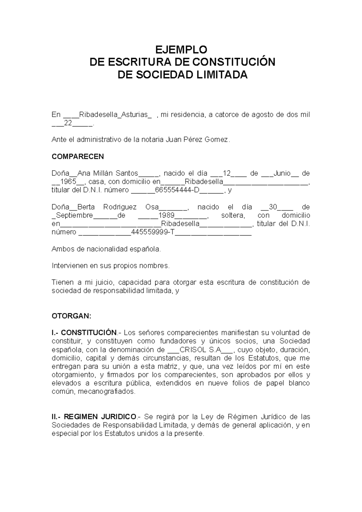 Escritura de constitucion de sociedad limitada Carla DE Torres - EJEMPLO DE ESCRITURA DE - Studocu