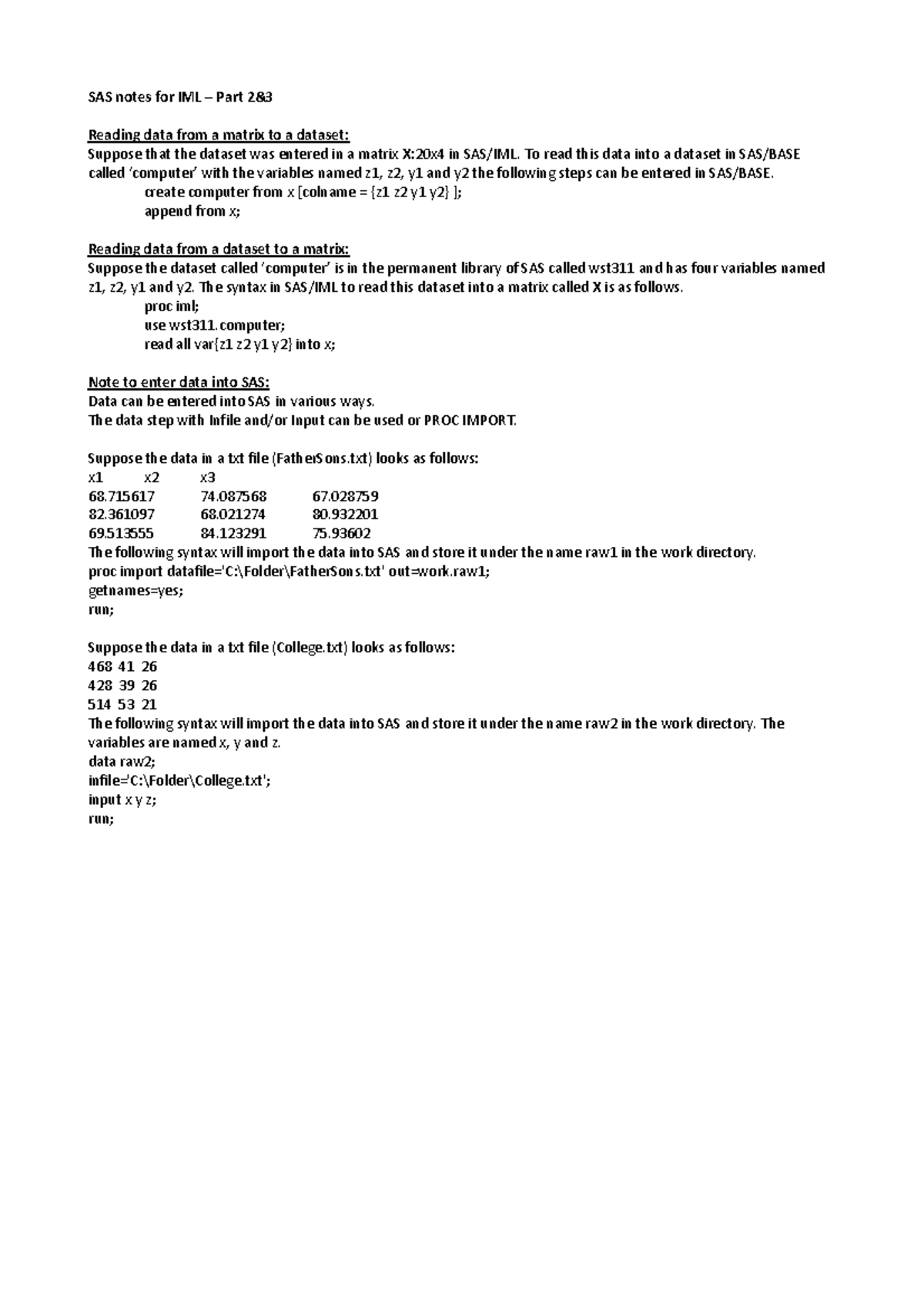 Sas Iml Notes 2 3 Sas Ml Sas Notes For Iml Part 2and Reading Data
