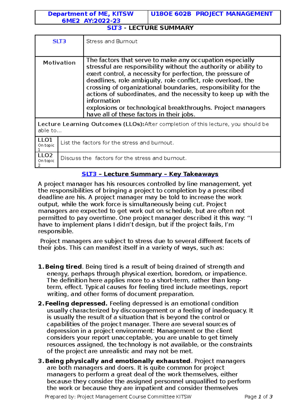 PM SLT3 Summary 6ME2 JL 2022-23 - Department of ME, KITSW 6ME2 AY:2022 ...