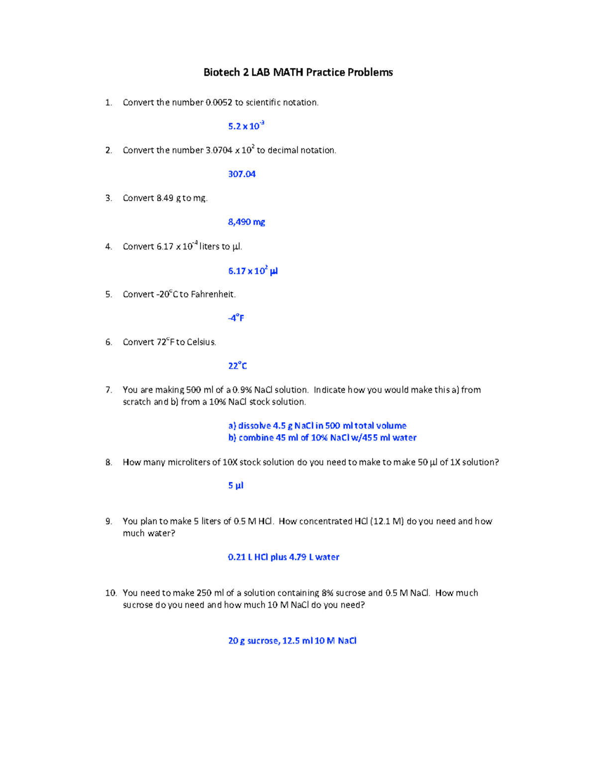 Biot2-Lab Math Practice Problems- Answers - Biotech 2 LAB MATH Practice ...