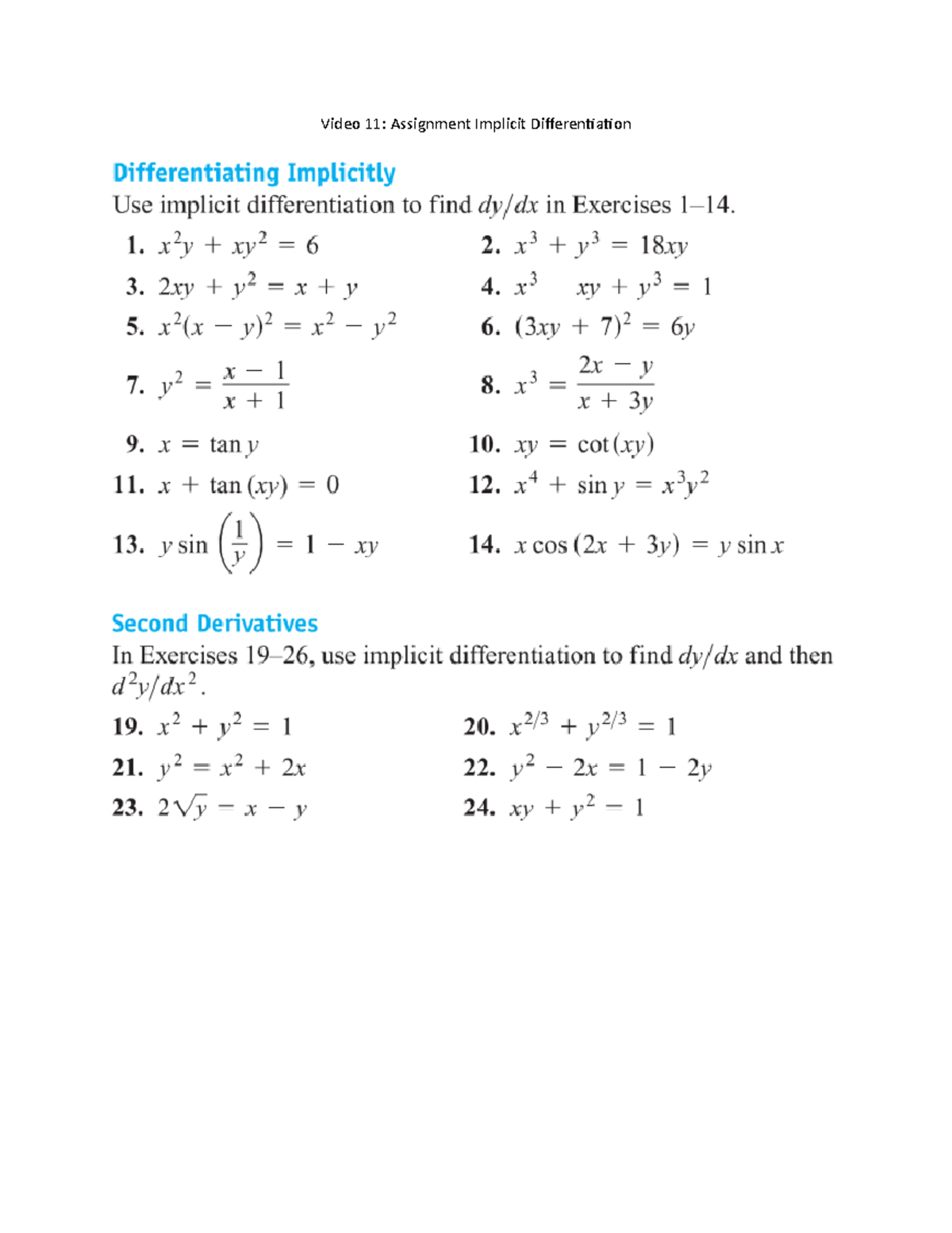 Assignment Video 11 Implicit Differentiation Matrial Of Since Video 11 Assignment Implicit