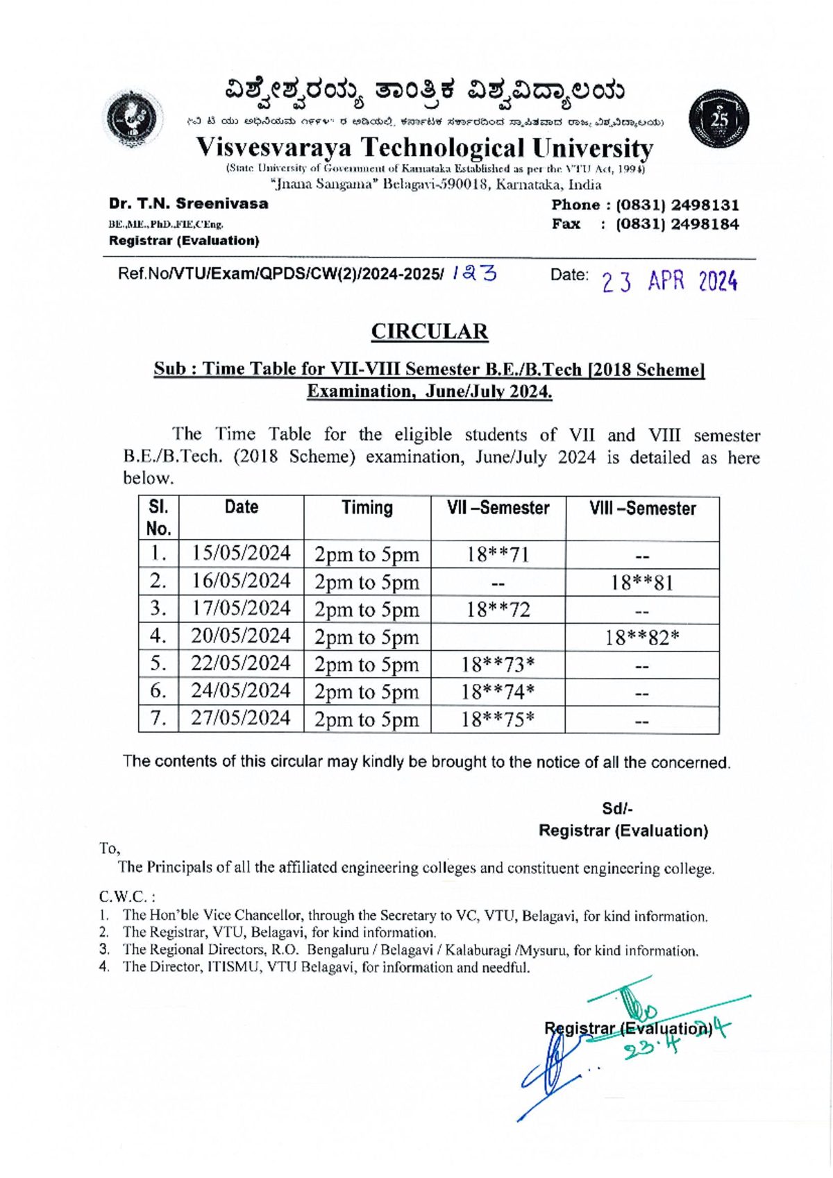 BE VII VIII Jun Jul2024 - timetable - VTU 7 & 8 Sem TimeTable - Studocu