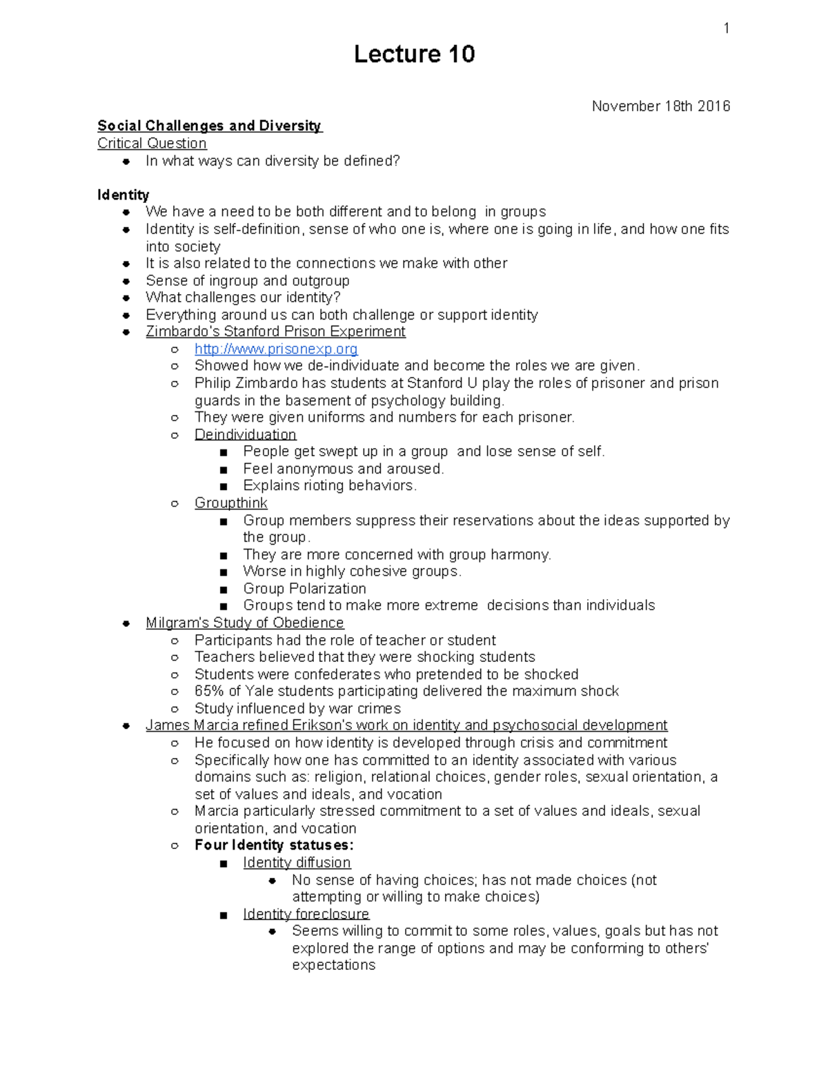 Lecture 10 November 18 - Danielle Molnar & Shauna Pomerantz - 1 Lecture ...