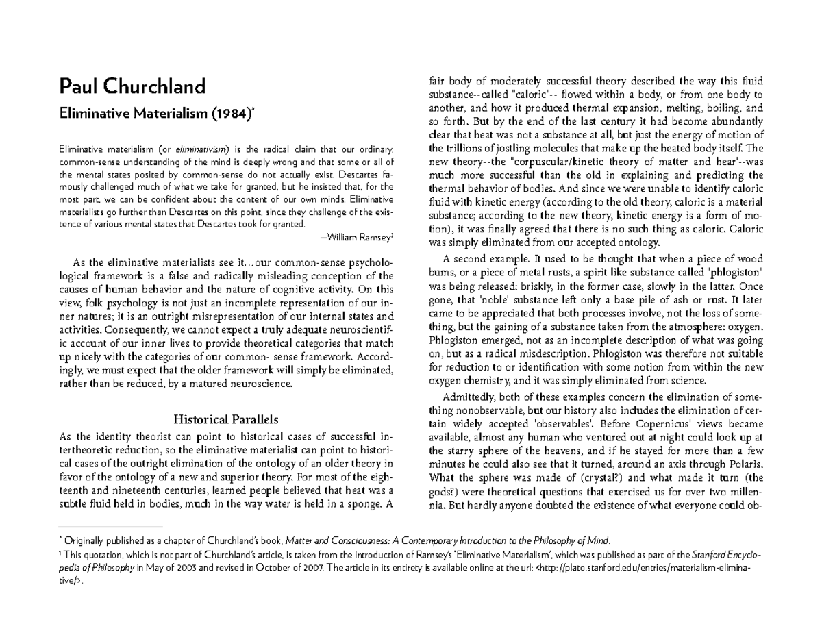 Churchland - Nothing much - Paul Churchland Eliminative Materialism ...