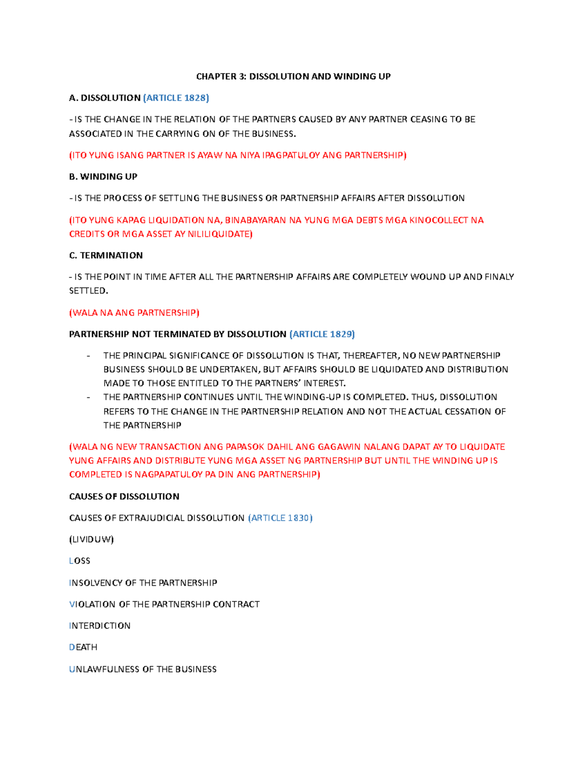 Business LAW - NONE - CHAPTER 3: DISSOLUTION AND WINDING UP A. DISSOLUTION (ARTICLE 1828) - IS ...
