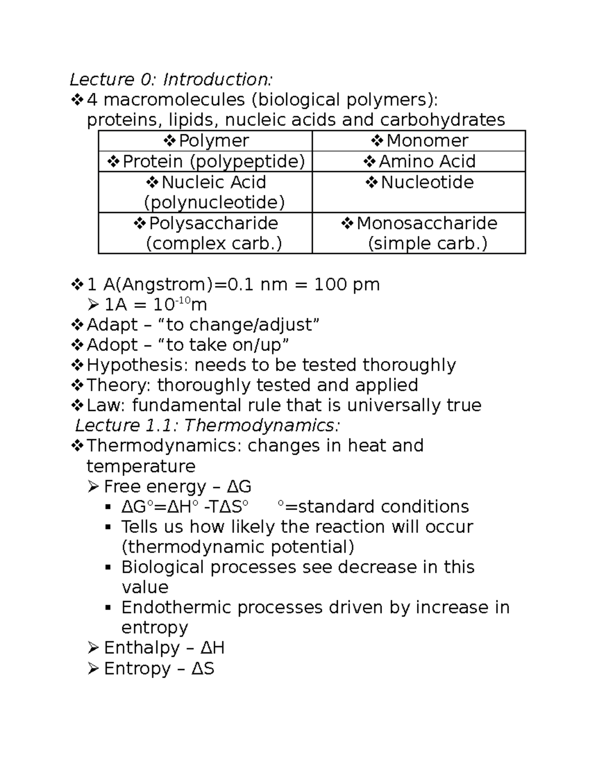 Exam 1 Study Guide - Lecture 0: Introduction: 4 macromolecules ...