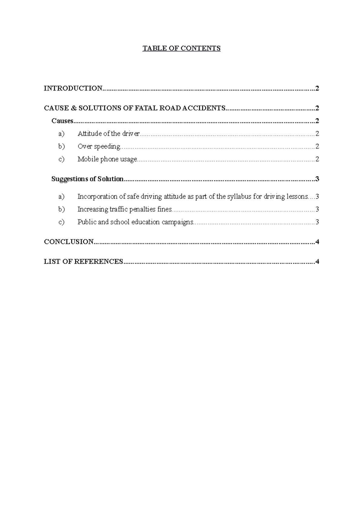 Fatal Road Accidents Report - TABLE OF CONTENTS - Studocu