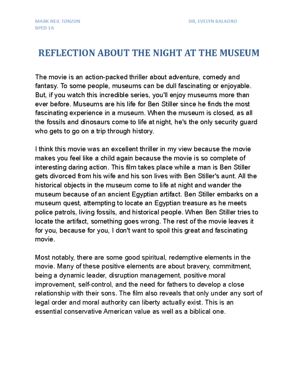 Reflection Paper AT THE Nigth Musuem - MARK NEIL TONZON DR, EVELYN ...