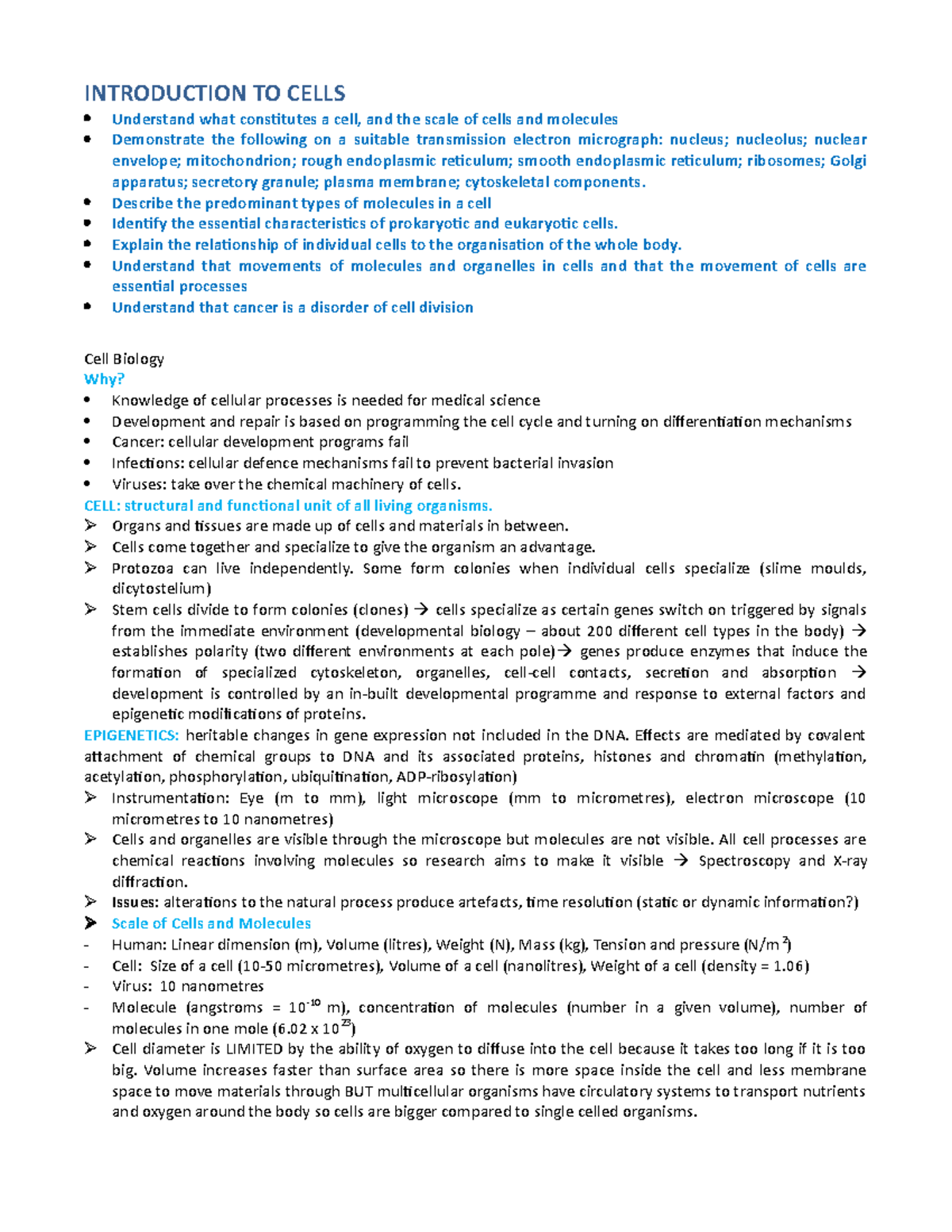 Cells - Notes from Year 1 - INTRODUCTION TO CELLS Understand what ...