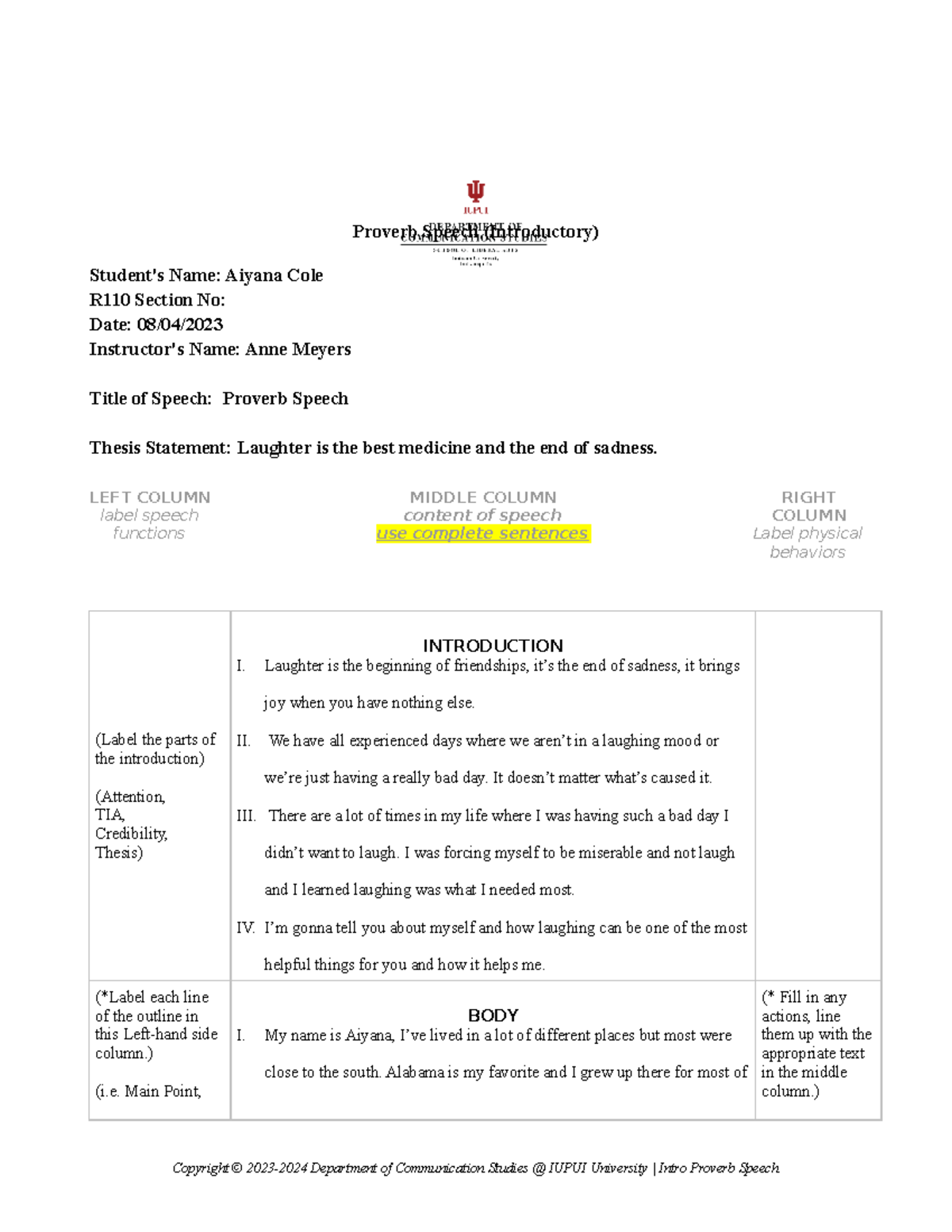 Proverb Speech Assignment - Proverb Speech (Introductory) Student's ...