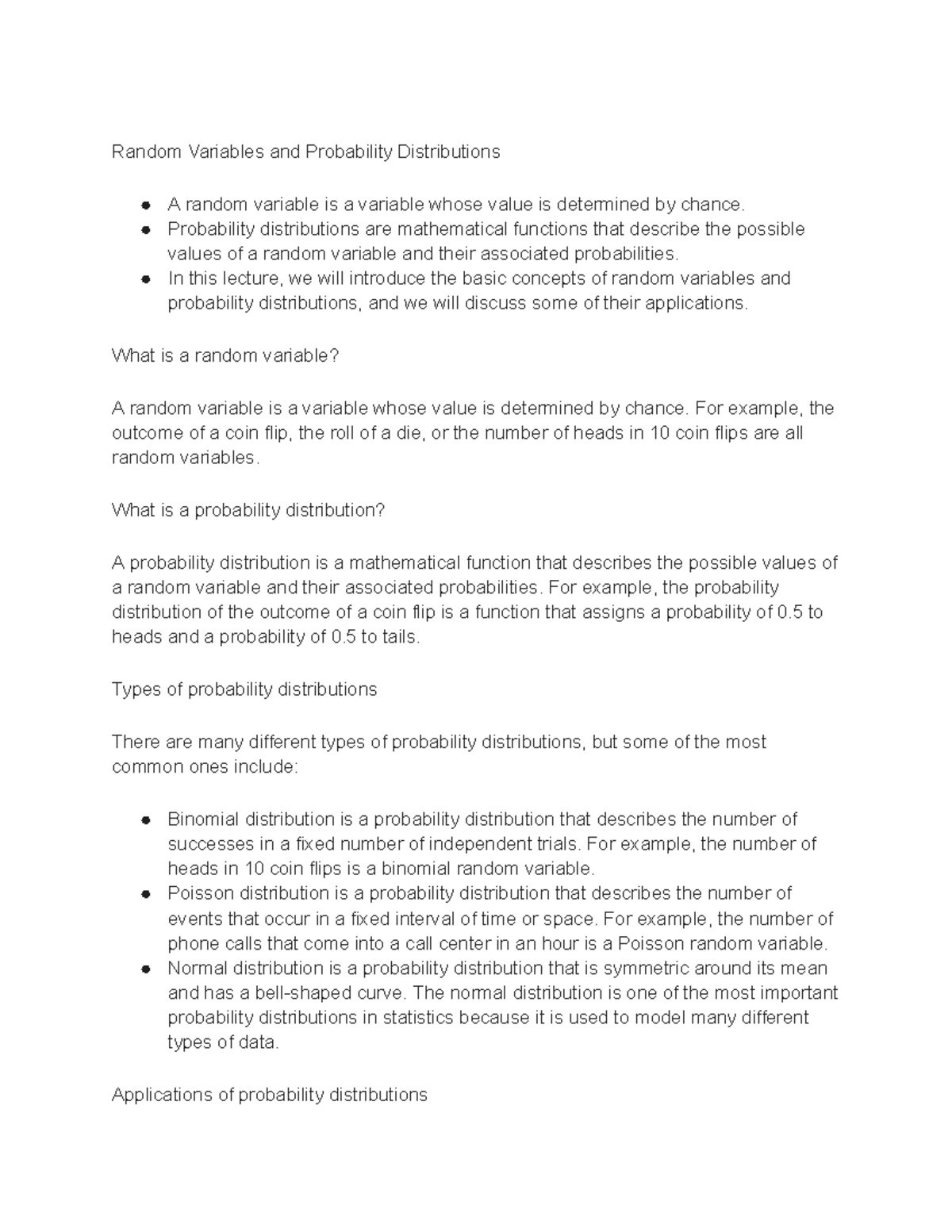 Lecture note for Stat 351, Lecture 2 - Random Variables and Probability Distributions A random ...