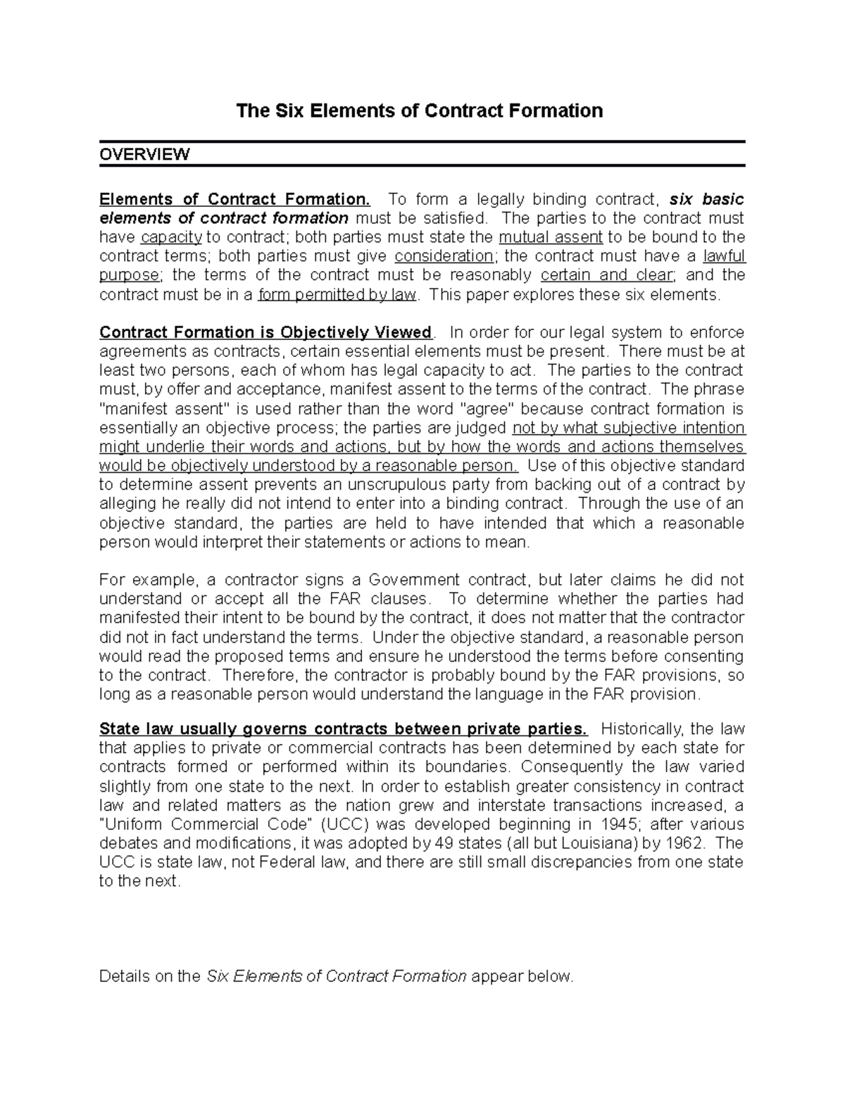 The Six Elements of Contract Formation detailed lecture notes - The Six ...