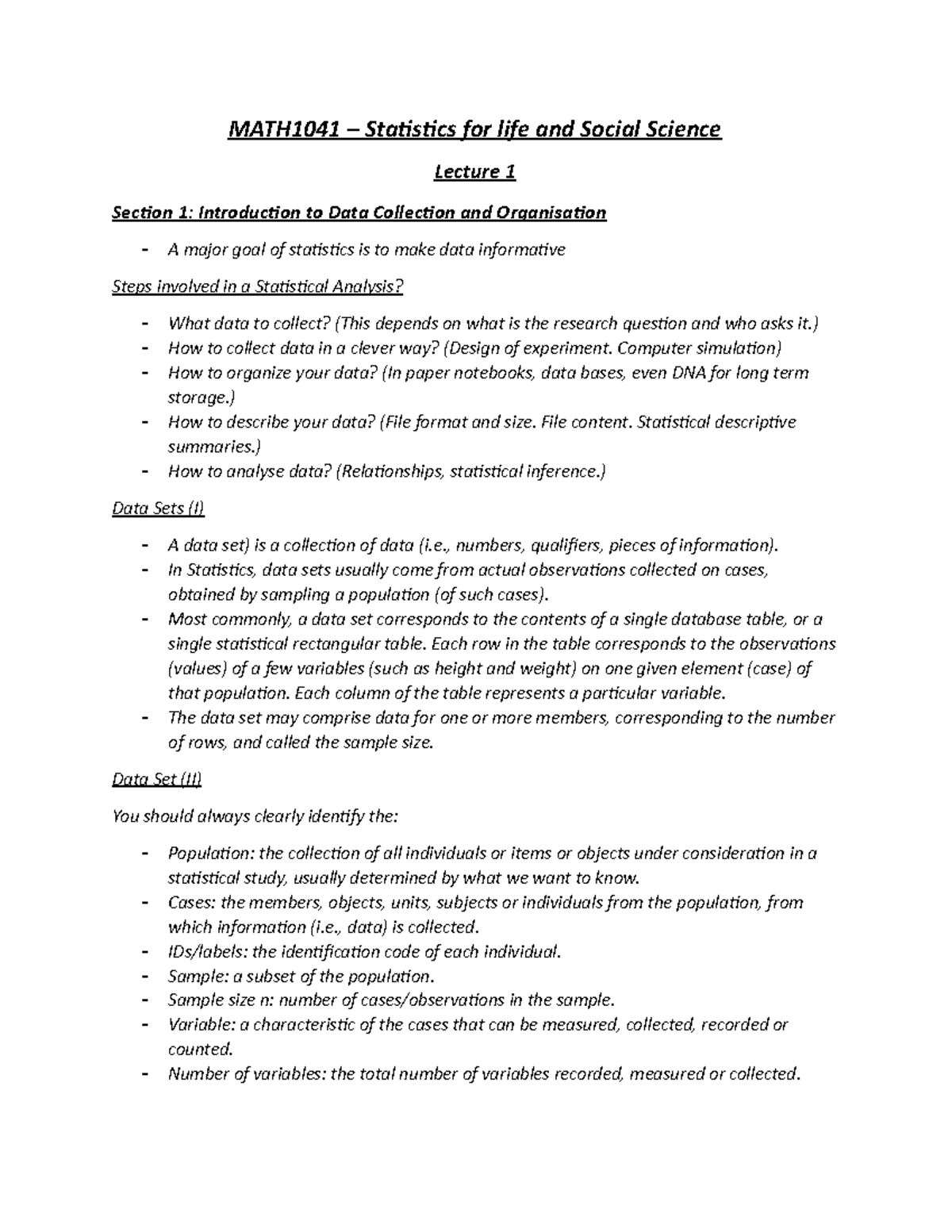 Lecture 1 - MATH1041 - MATH1041 – Statistics for life and Social ...