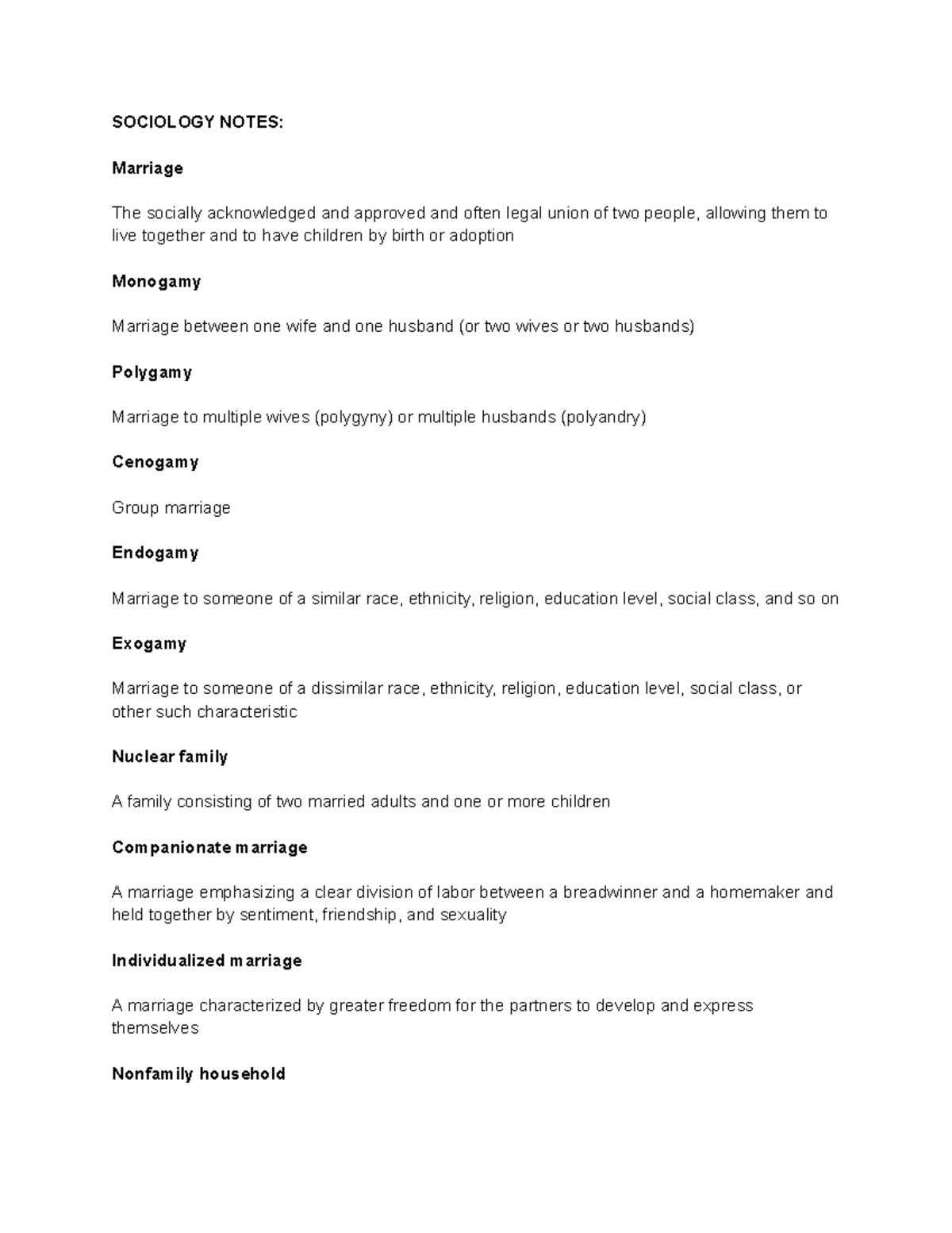 Chapter 12 Family Important Notes - SOCIOLOGY NOTES: Marriage The ...