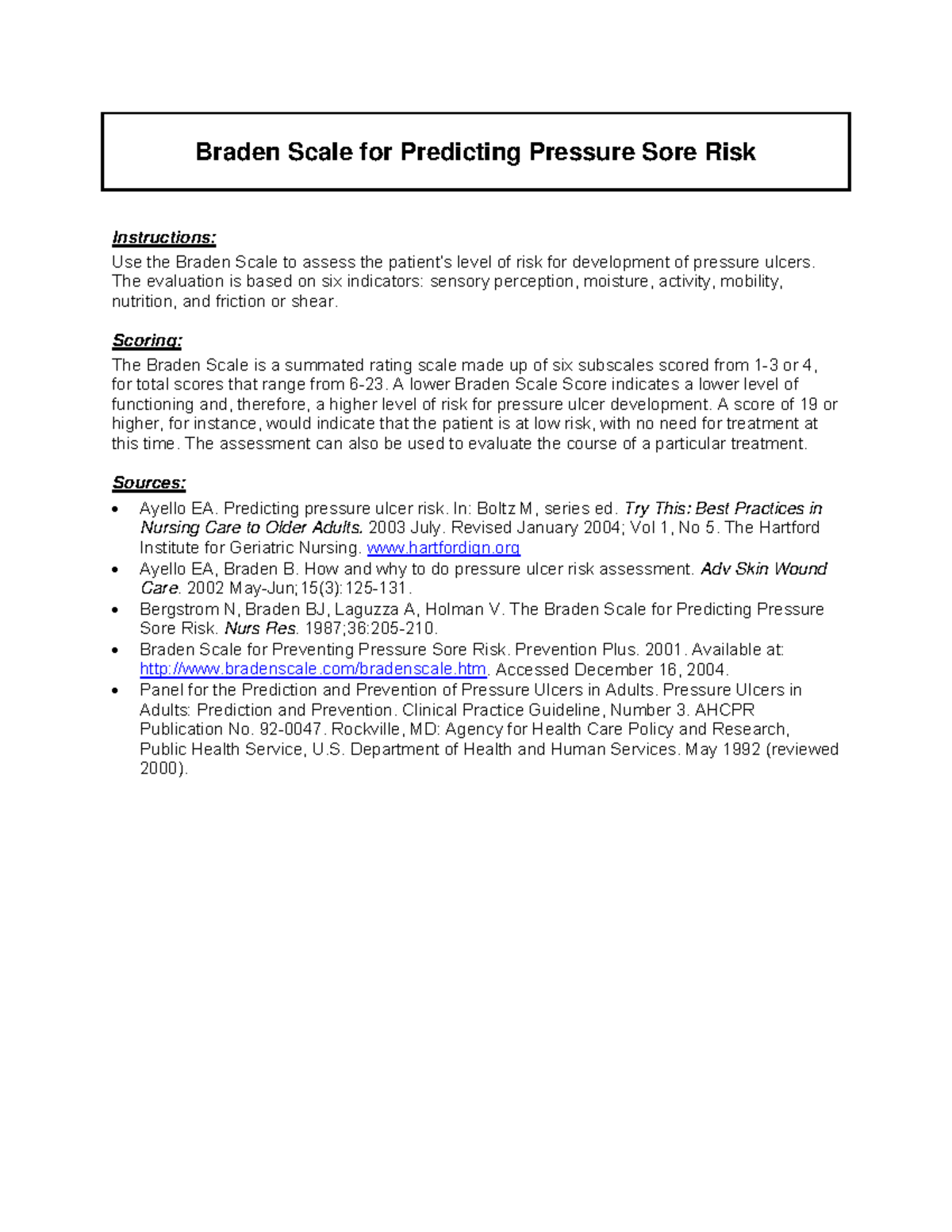 Braden Scale Chart - Braden Scale for Predicting Pressure Sore Risk ...