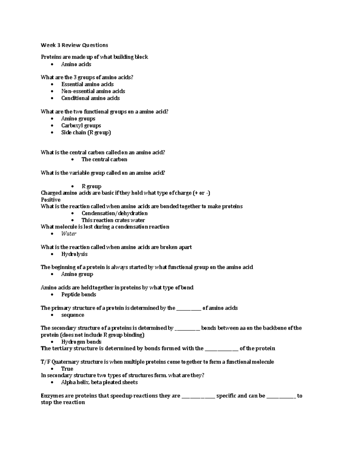 Chpt3b rev questions - Bio 170 notes - Week 3 Review Questions Proteins ...