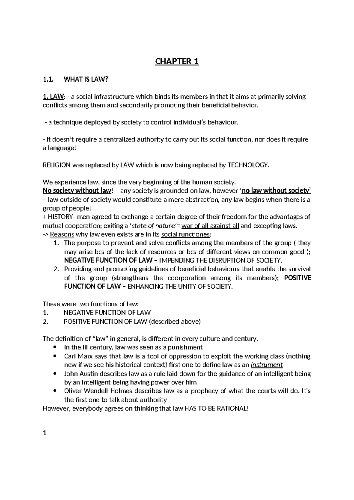 Introduction TO LAW - CHAPTER 1 1. WHAT IS LAW? LAW: - a social ...