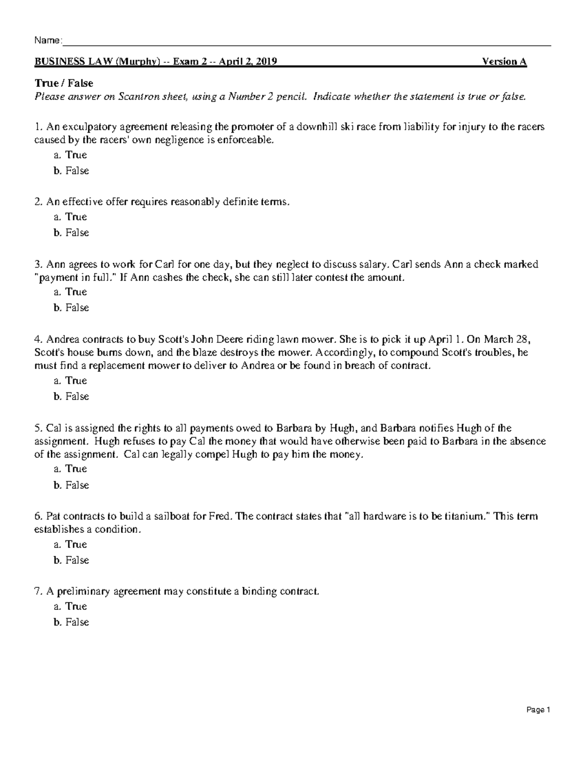 Ex2s19 - Practice exam material from Prof. Tonya Murphy's Business Law ...