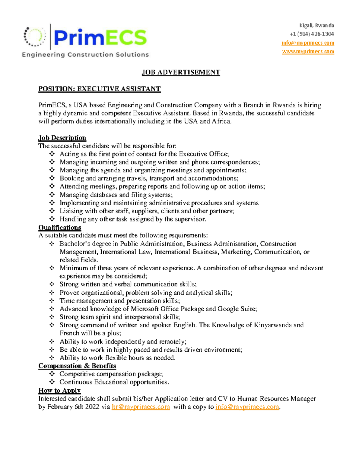 Ad-Executive Assistant - Based in Rwanda, the successful candidate will ...