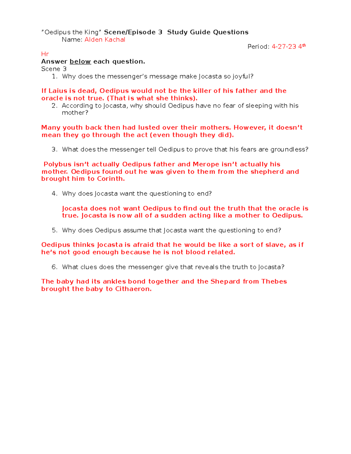 Oedipus the King Scene Episode 3 SG Questions - ”Oedipus the King ...