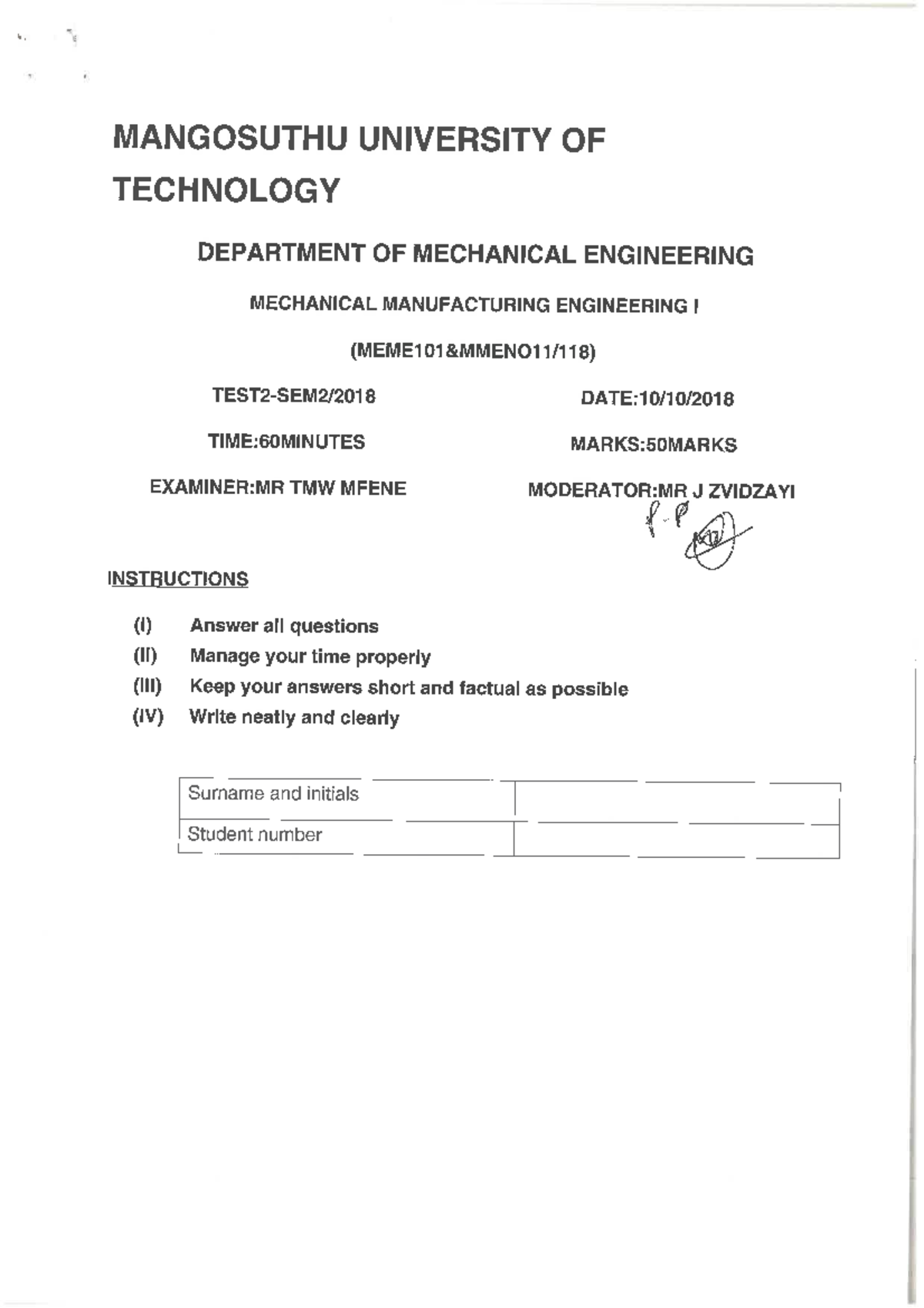 Mechanical manufacturing engineering 1 test 2 - MANGOSUTHU UNIVERSITY ...