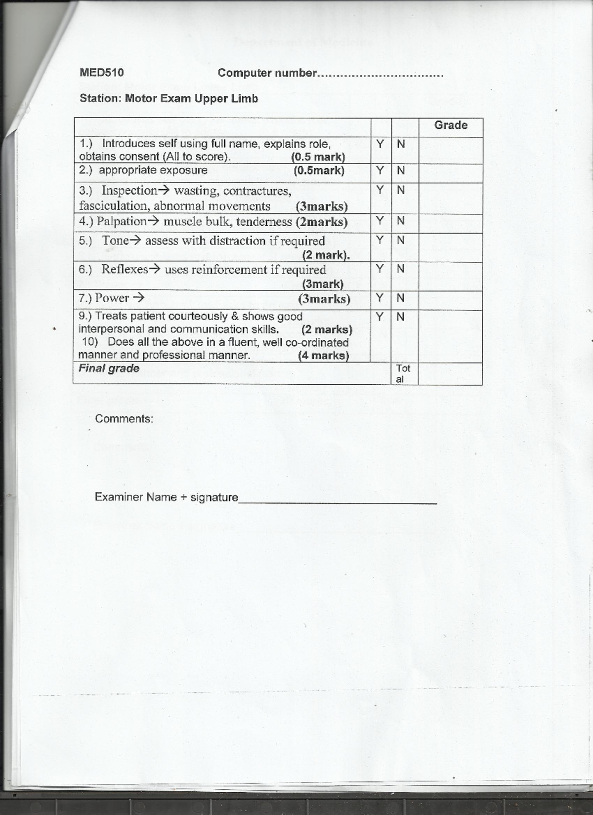 Upper limb Motor Examination - MED510 Computer number Station: Motor Exam Upper Limb Grade 1 ...