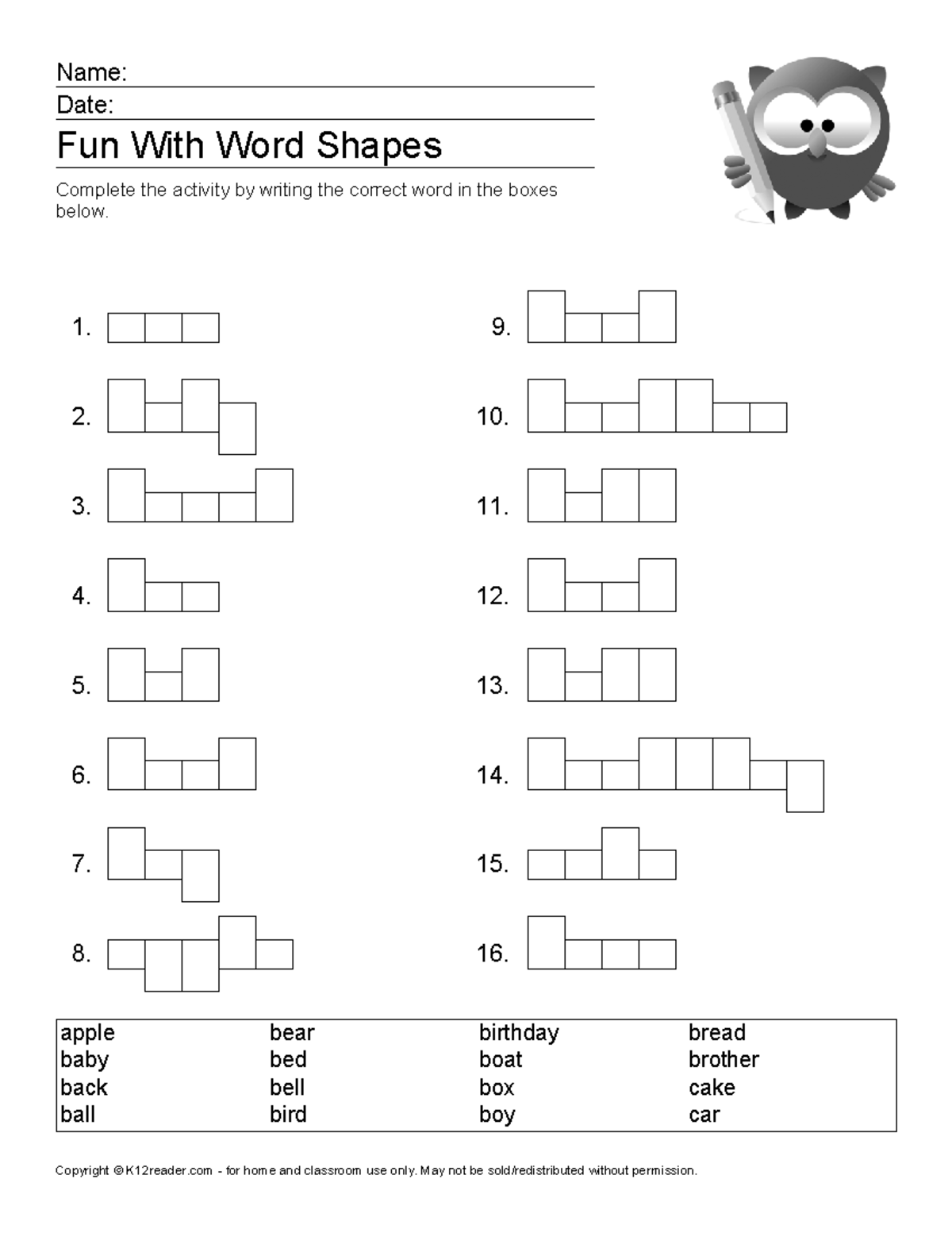 Dolch nouns word shapes - Date: Fun With Word Shapes Complete the ...
