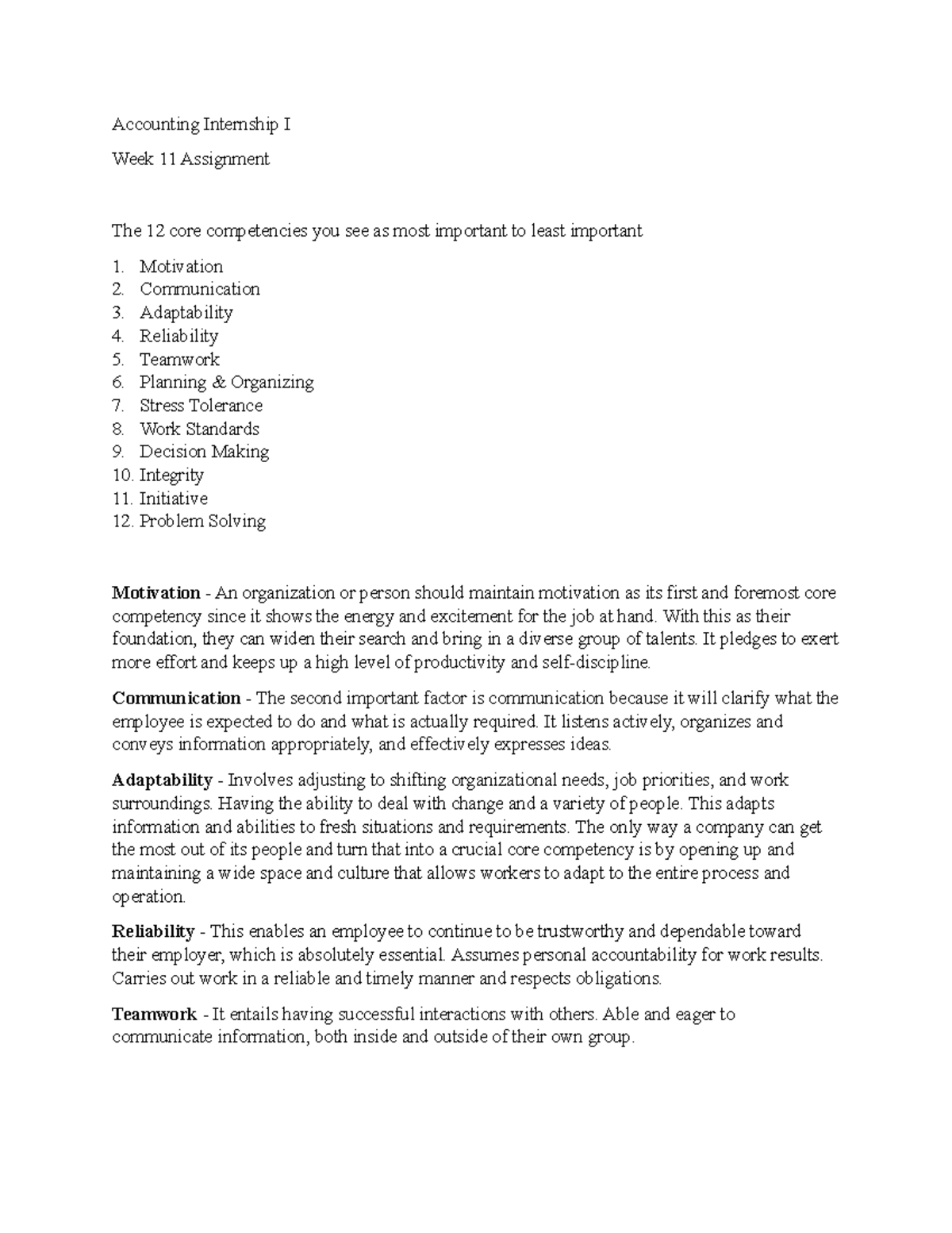 Benita Placide - Week 11 Assignment - Accounting Internship I Week 11 ...