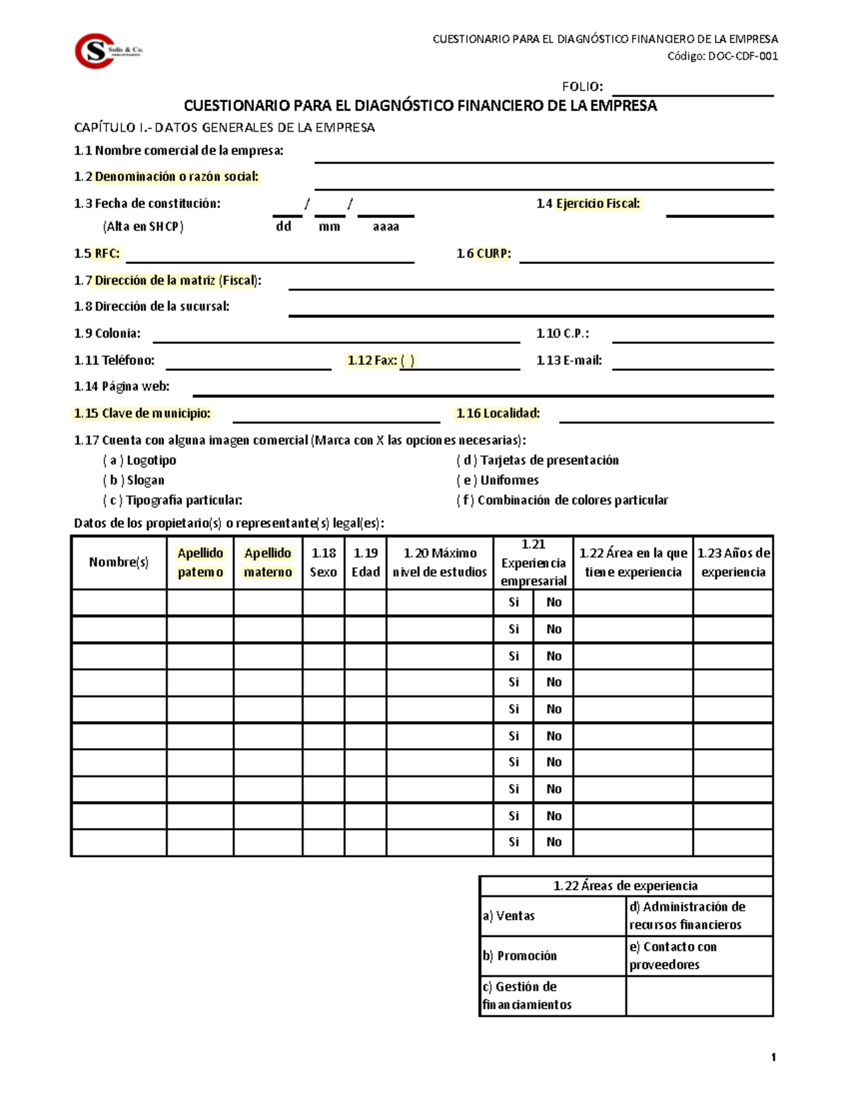 Cuestionario diagn Ã³stico Solis - Código: DOC-CDF- FOLIO: CAPÍTULO I ...