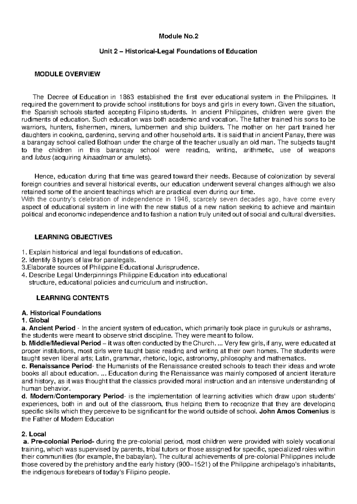 Unit 2 Historical Legal Foundations of Education - Module No. 2 Unit 2 ...