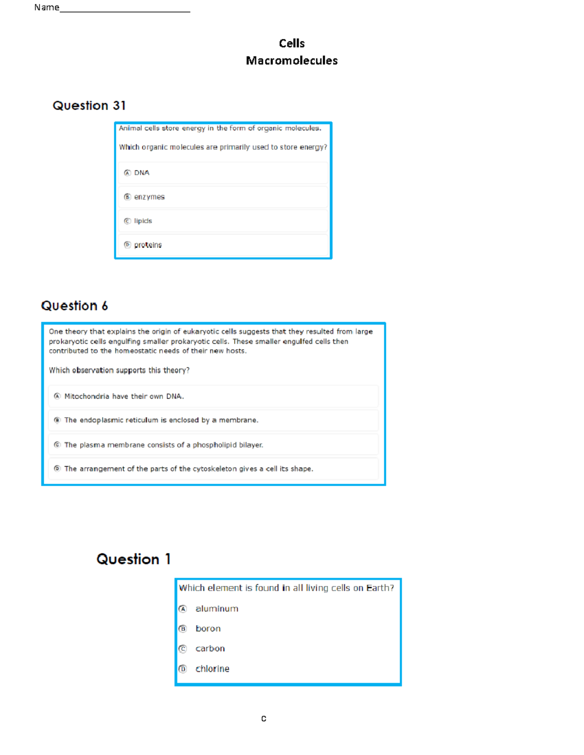 Joshua Chew - Chapter 1: Macromolecules - Cells Macromolecules 1. The ...