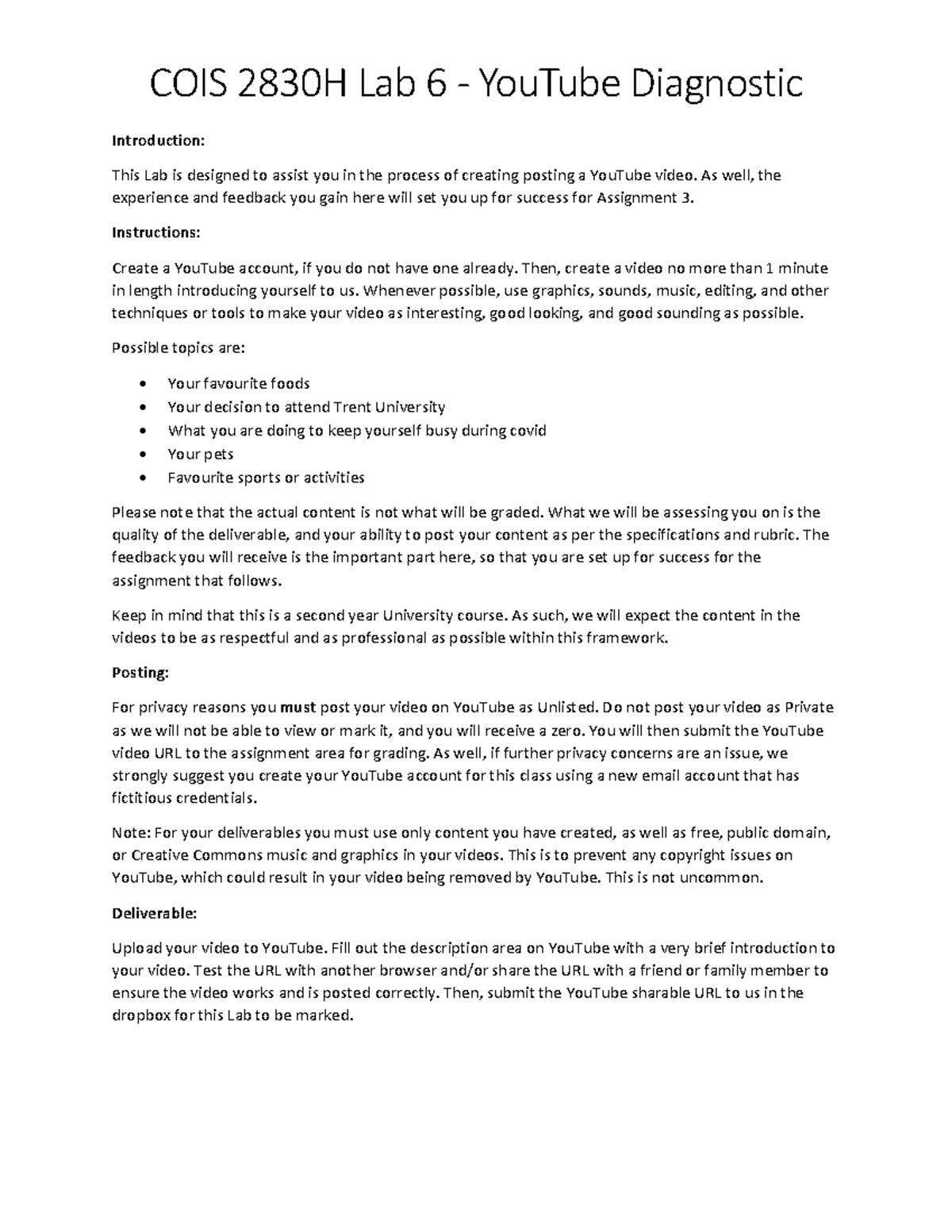 Lab 6 - You Tube Diagnostic - COIS 2830H Lab 6 - YouTube Diagnostic ...