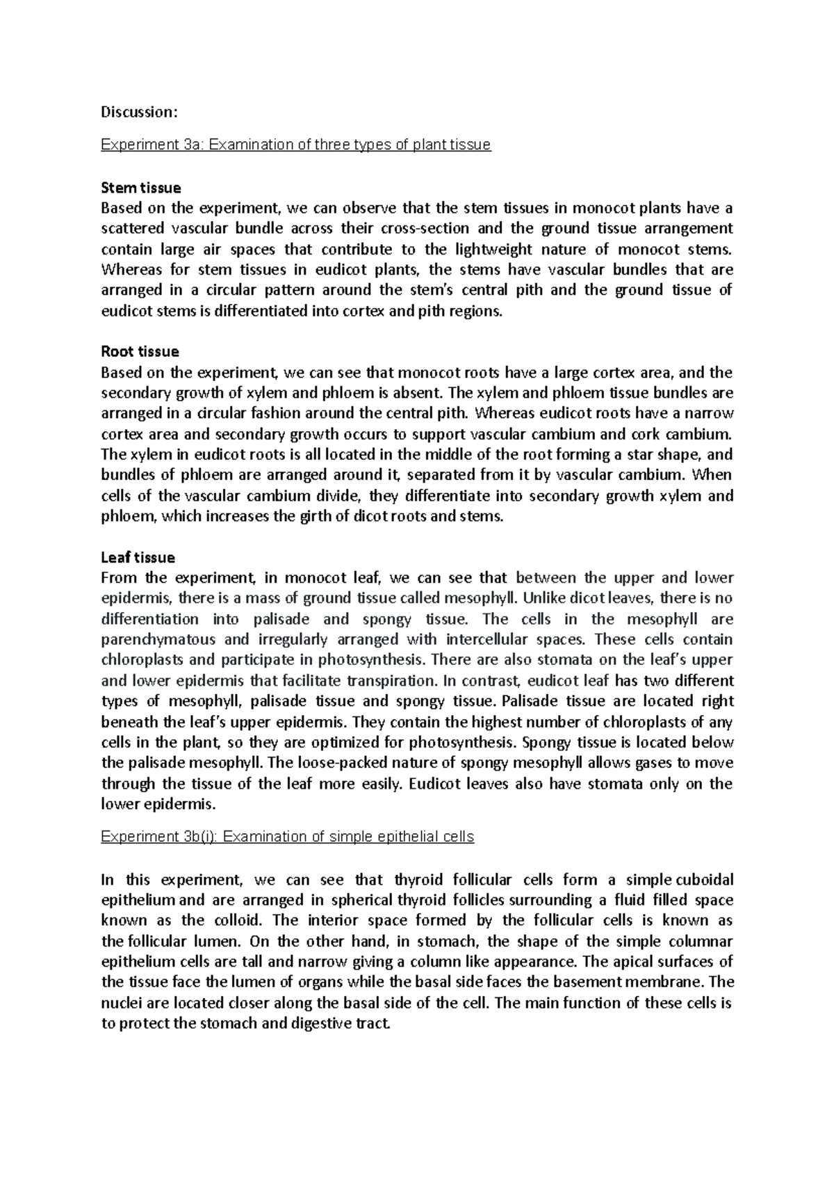 Discussion Lab 3 Bio - Lab 3 - Discussion: Experiment 3a: Examination ...