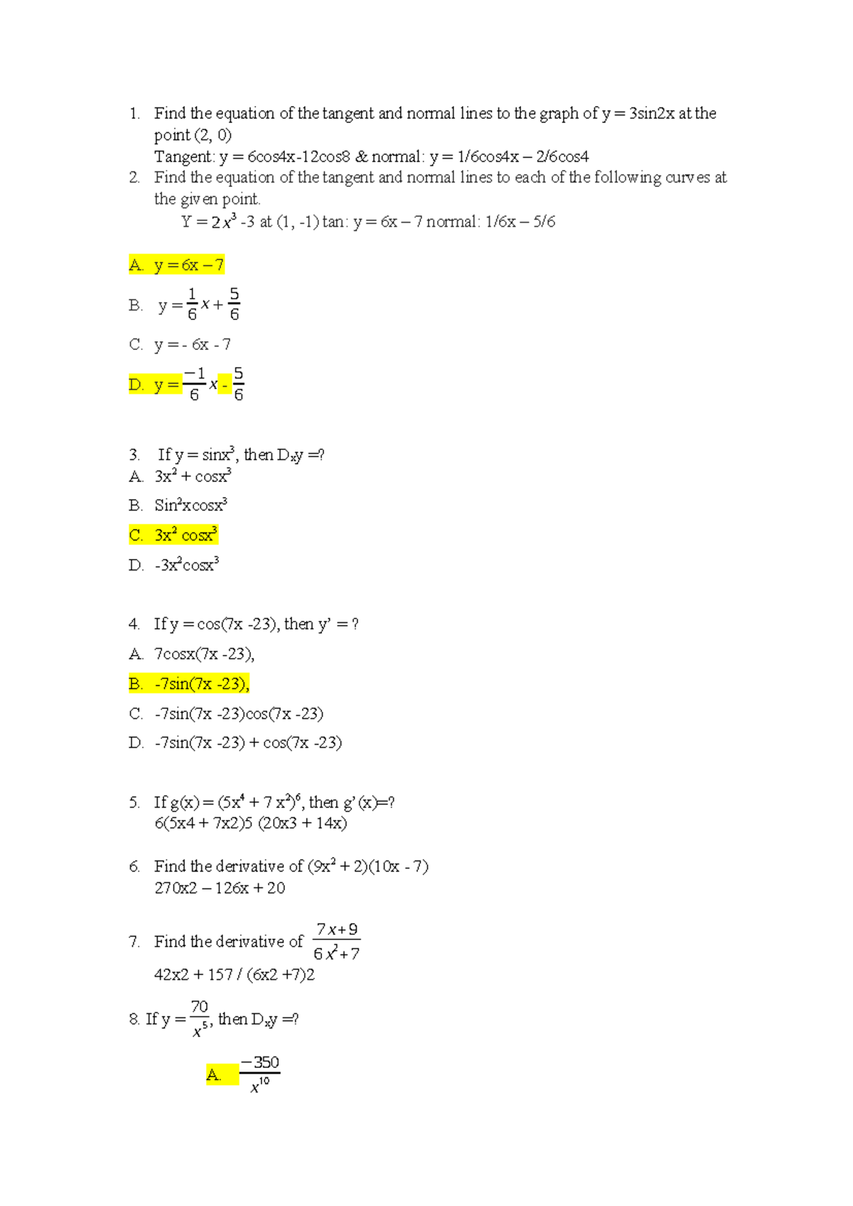 Calculus worksheet 1 - tutorial - Find the equation of the tangent and ...