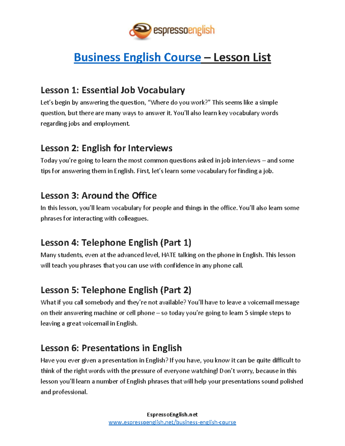 Business English Course Lessons - EspressoEnglish Business English ...