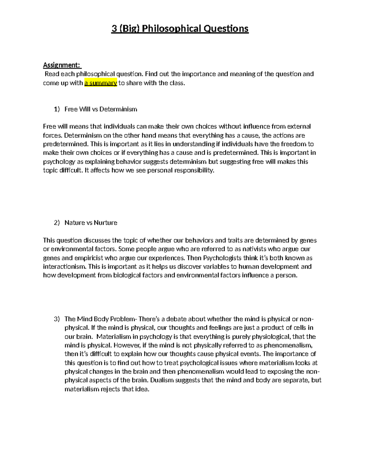 Summary Assignment - 3 (Big) Philosophical Questions Assignment: Read ...
