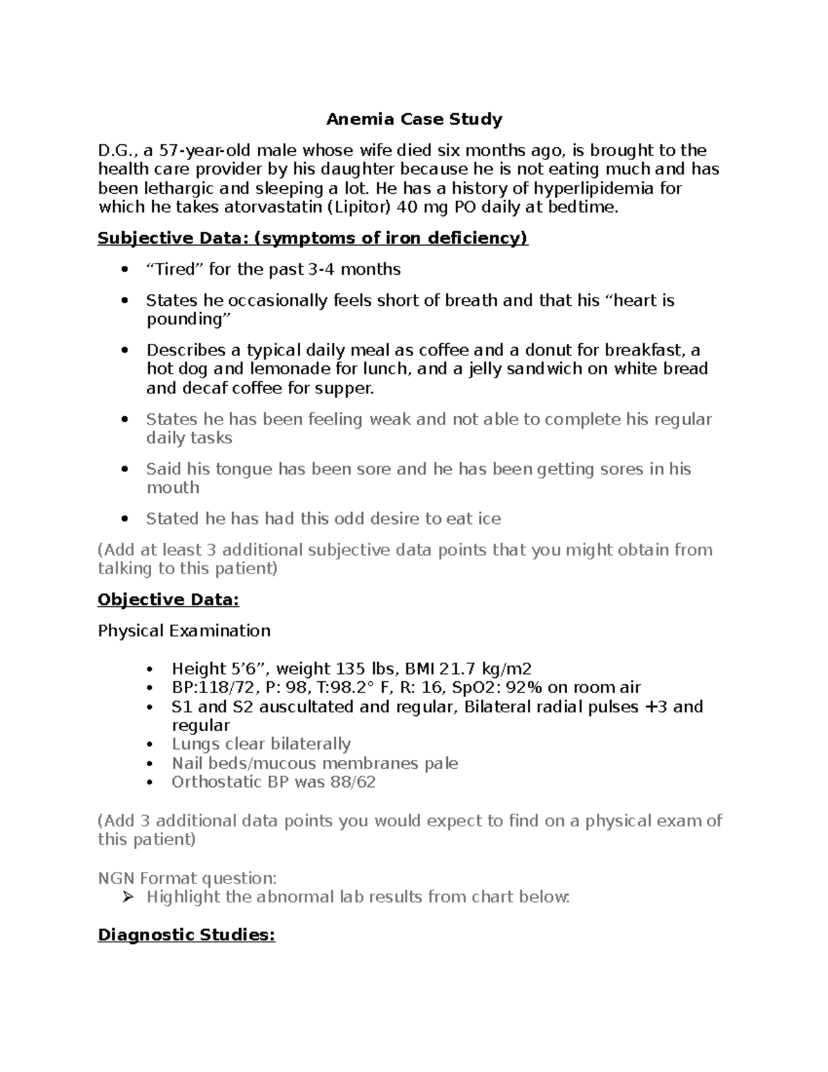 Anemia Case Study NEW Format - Anemia Case Study D., a 57-year-old male ...