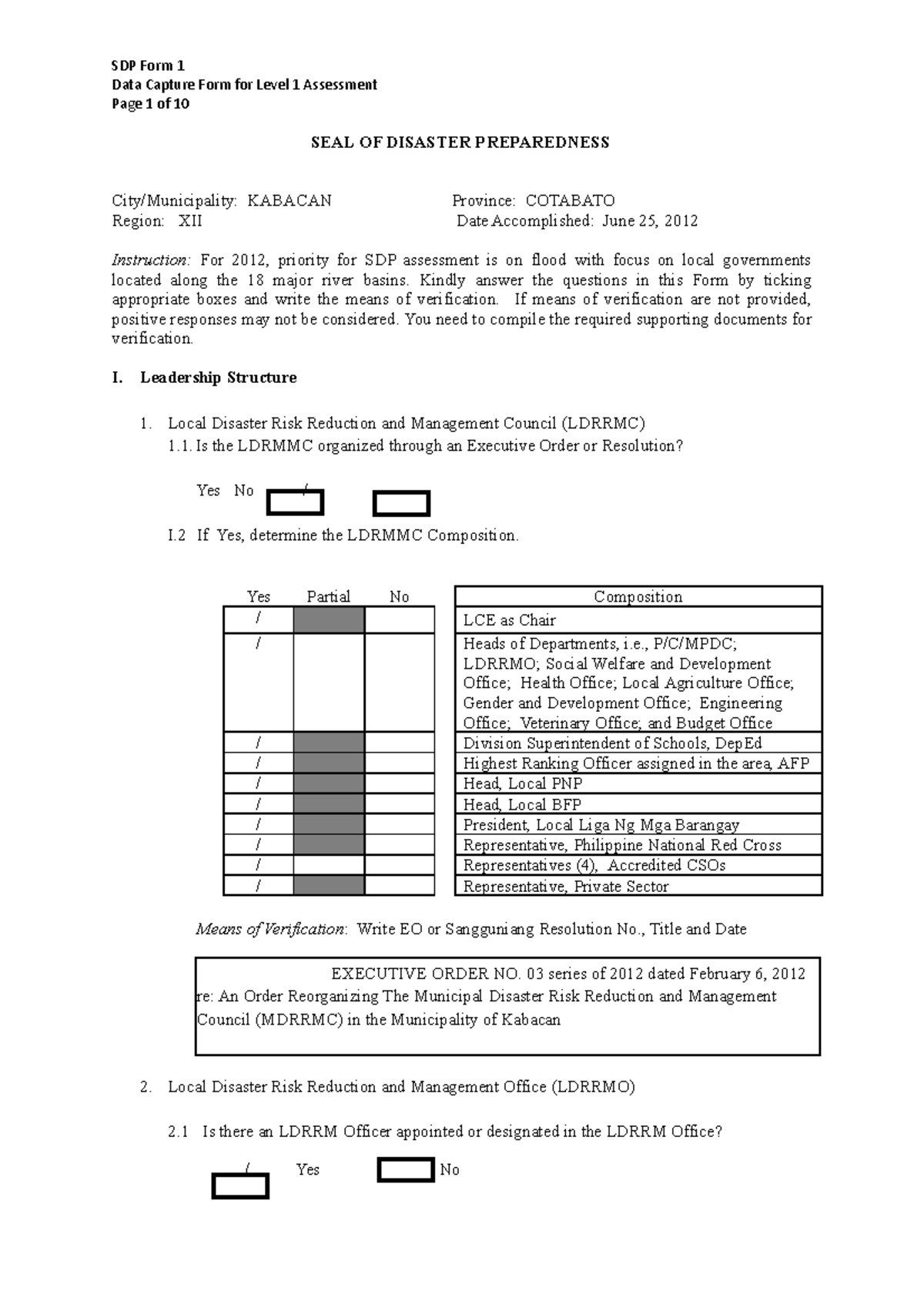 Kabacan-DCF Level-1-3 - Data Capture Form for Level 1 Assessment Page 1 ...